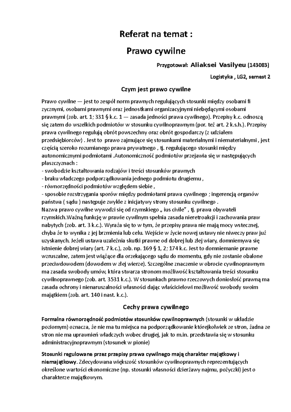 Prawo Referat - Referat na temat : Prawo cywilne Przygotował: Aliaksei ...