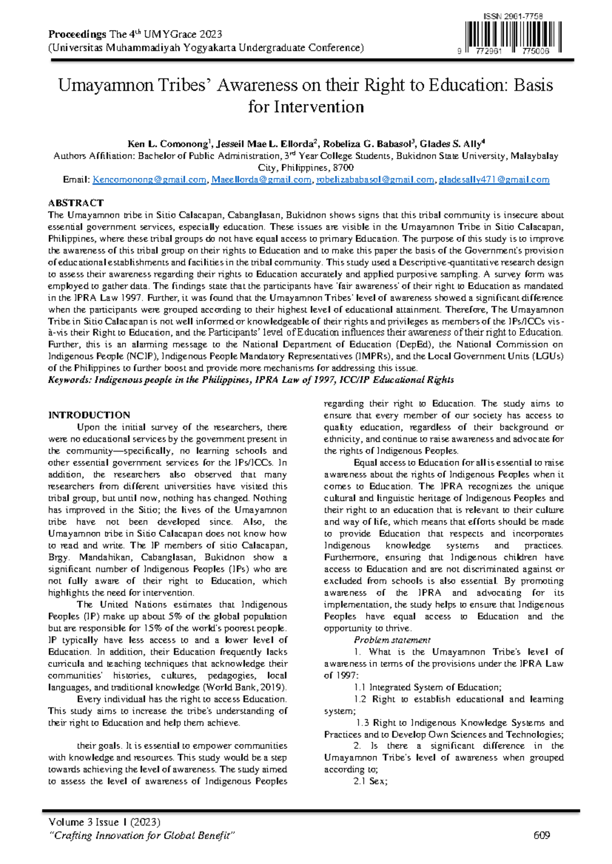 Umayamnon Tribes Awareness to their Right to Education: Basis for ...