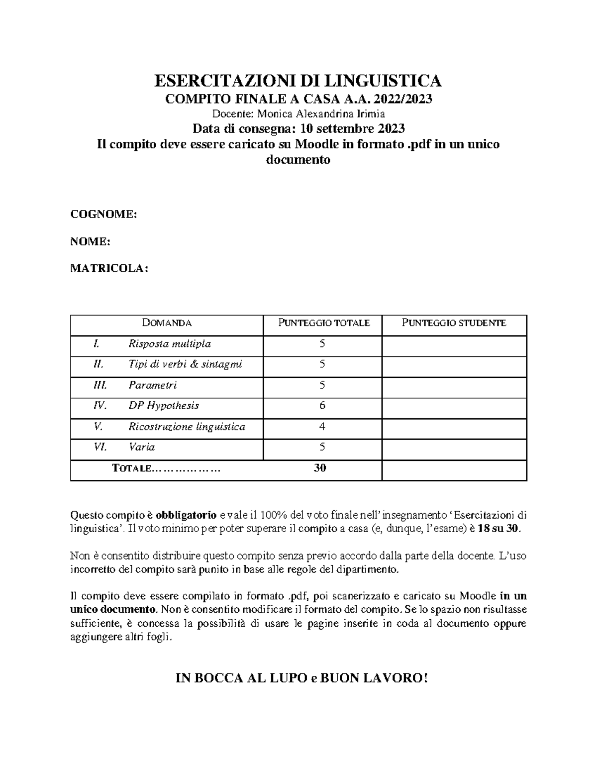 Esercitazioni di Linguistica Compito a casa Consegna 10Settembre 2023 ...