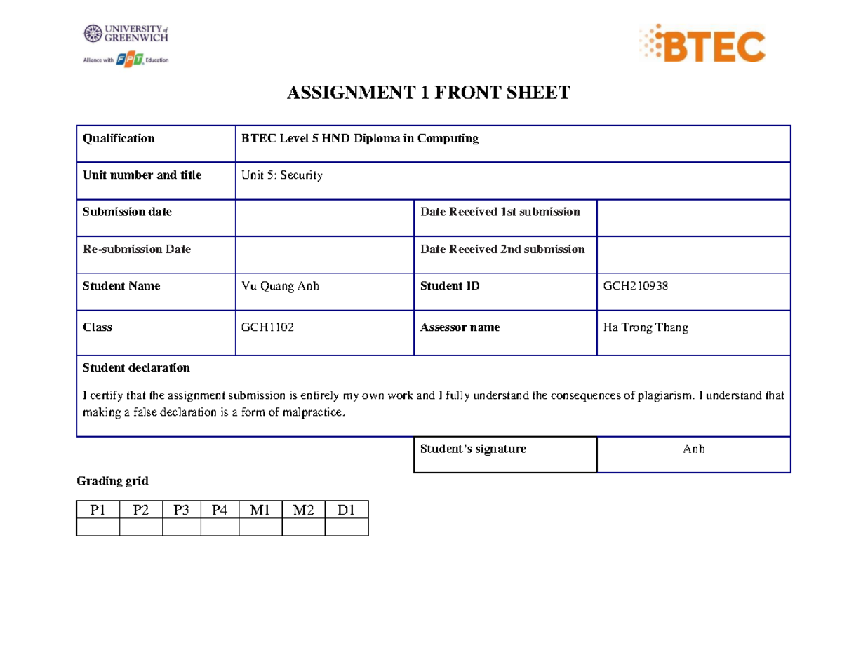 1 Unit 5 - Assignment 1 frontsheet (Repaired) - ASSIGNMENT 1 FRONT SHEET Qualification BTEC ...