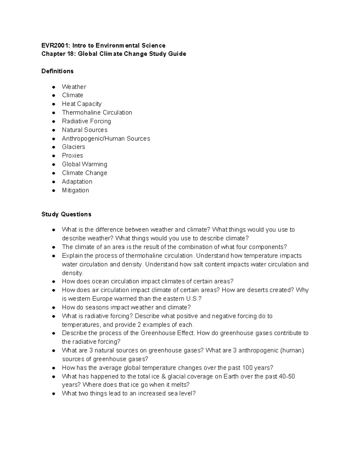Evr lecture 16 chp.18 climate change study guide - EVR2001: Intro to ...
