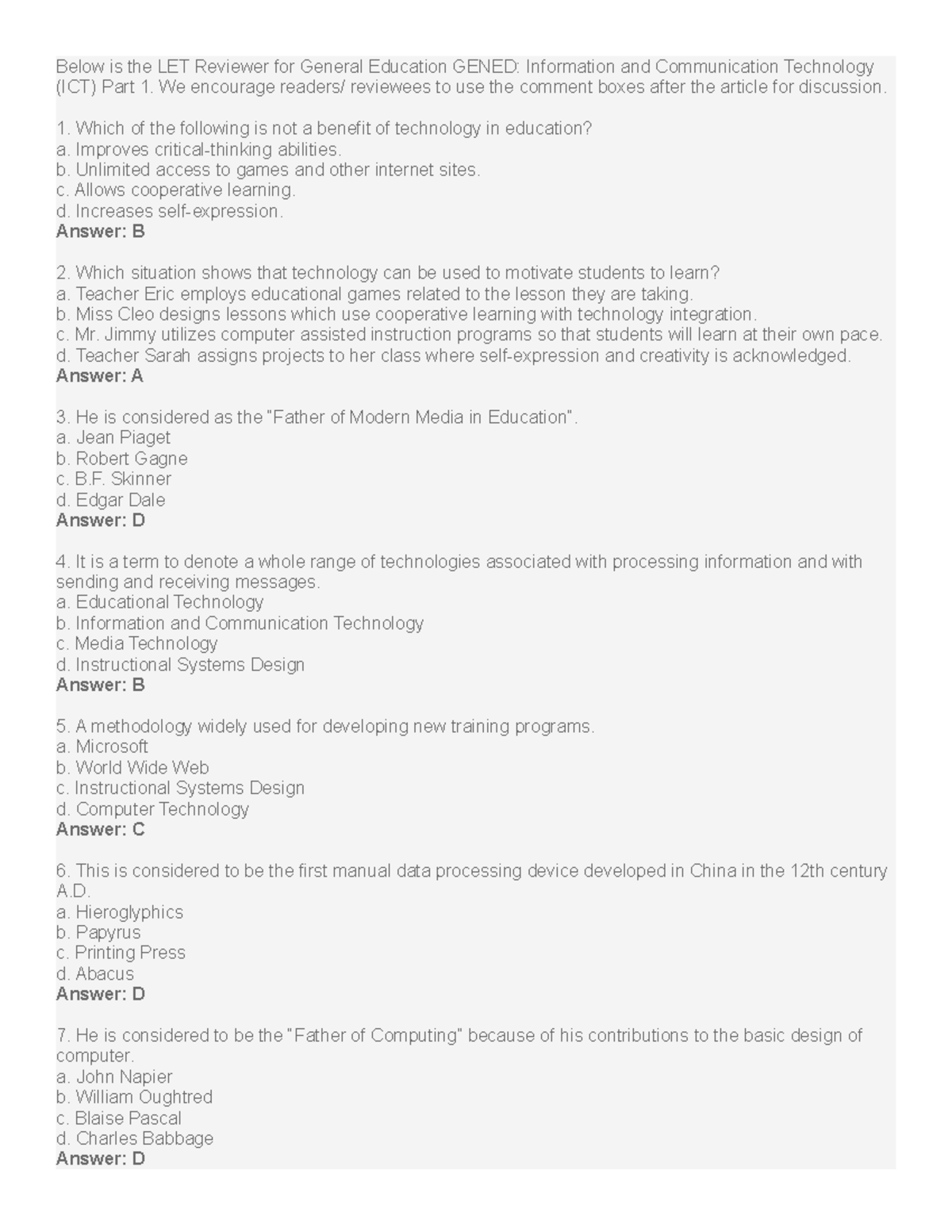 ICT - REVIEWER - Below is the LET Reviewer for General Education GENED ...