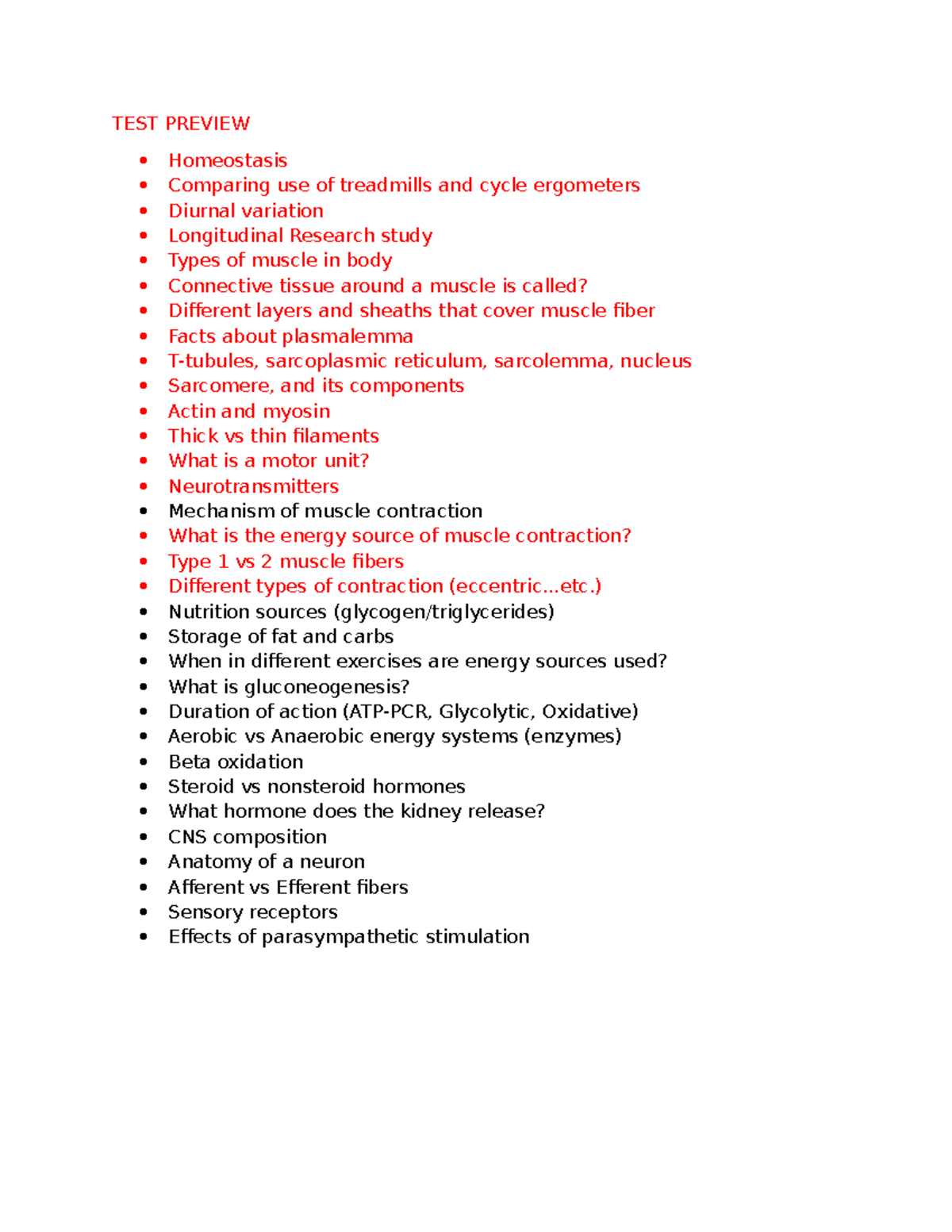 TEST 1 Preview exsc 310 - TEST PREVIEW Homeostasis Comparing use of ...