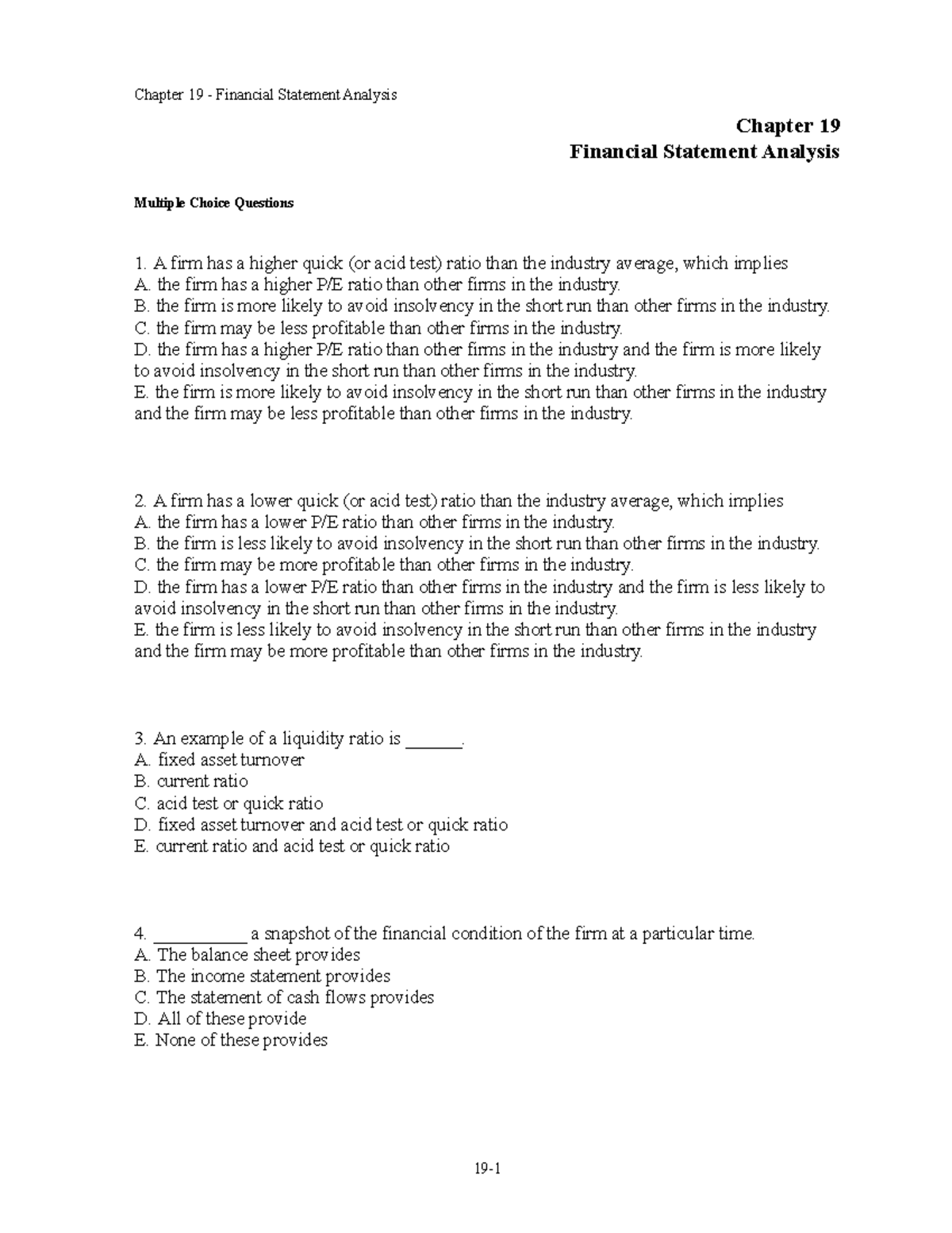 Sample/practice exam 2019, questions and answers - Chapter 19 Financial ...
