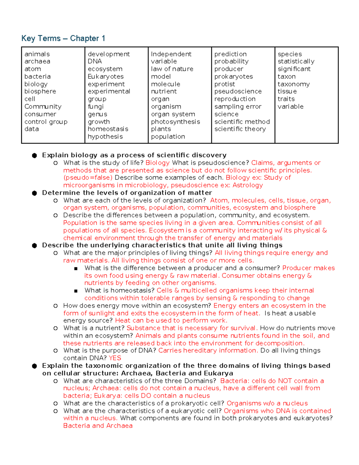 MIdterm Study Guide - n/a - Key Terms – Chapter 1 animals archaea atom ...