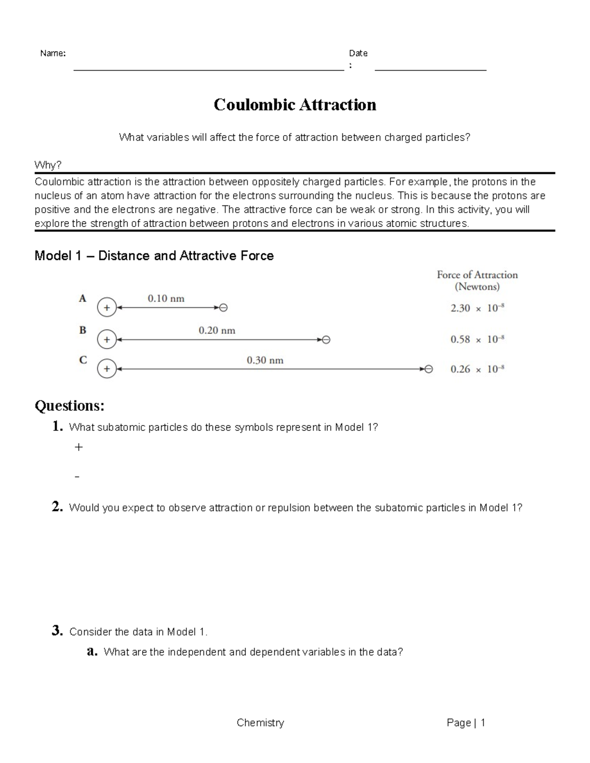 U3L8Coulombs Law - Name: Date : Coulombic Attraction What variables ...