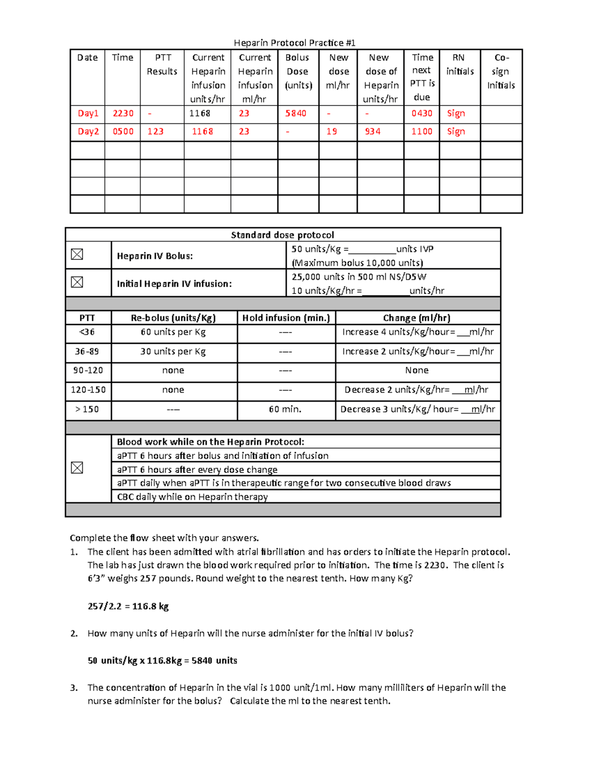 Hep protocol practice questions - Heparin Protocol Practice # Date Time ...