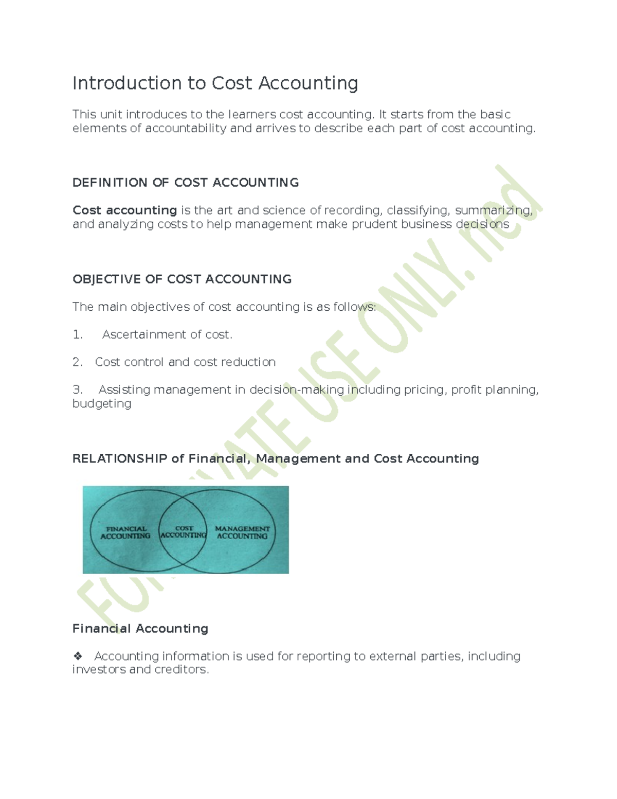 Cost Accounting 1 - Introduction to Cost Accounting This unit ...