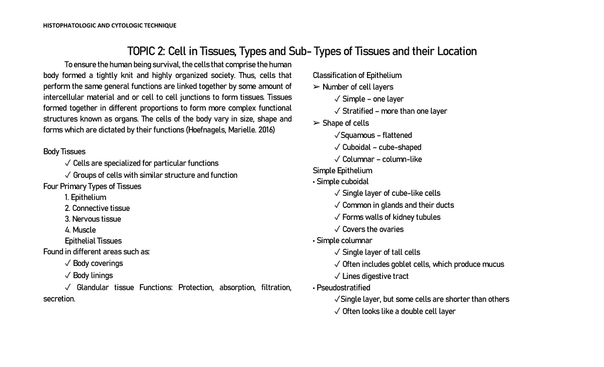 Cell in Tissues, Types and Sub- Types of Tissues and their Location ...