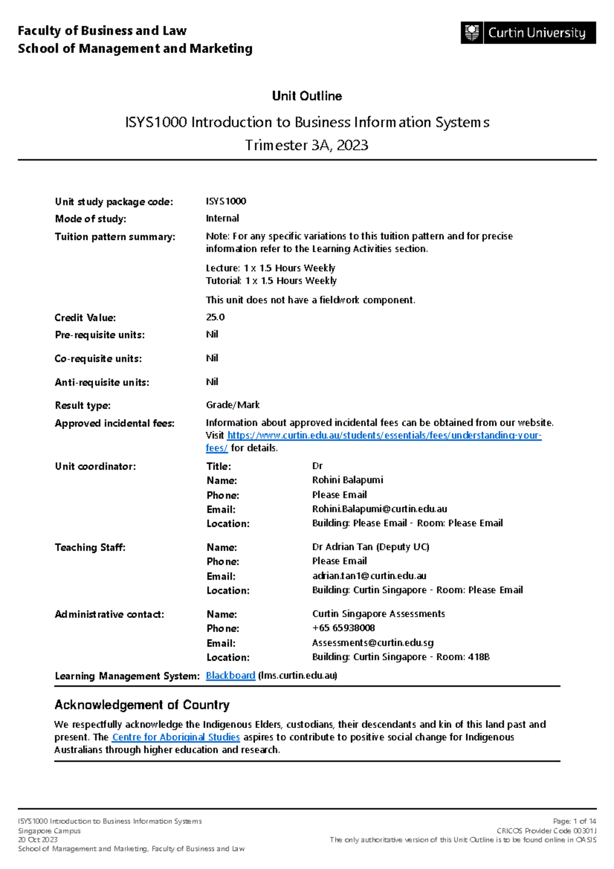 ISYS1000 Introduction to Business Information Systems Trimester 3A 2023 ...
