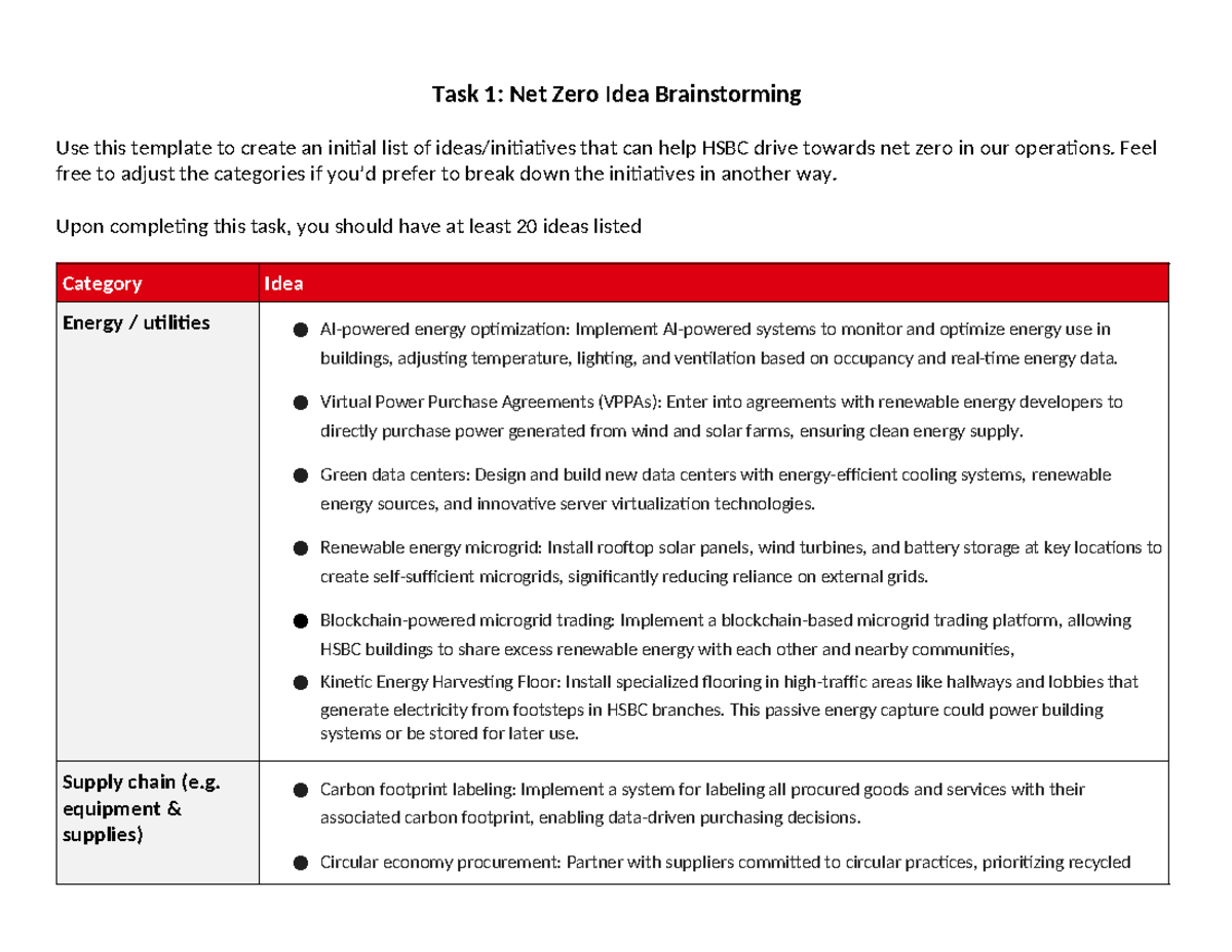 Task 1 Template - Task 1: Net Zero Idea Brainstorming Use this template ...