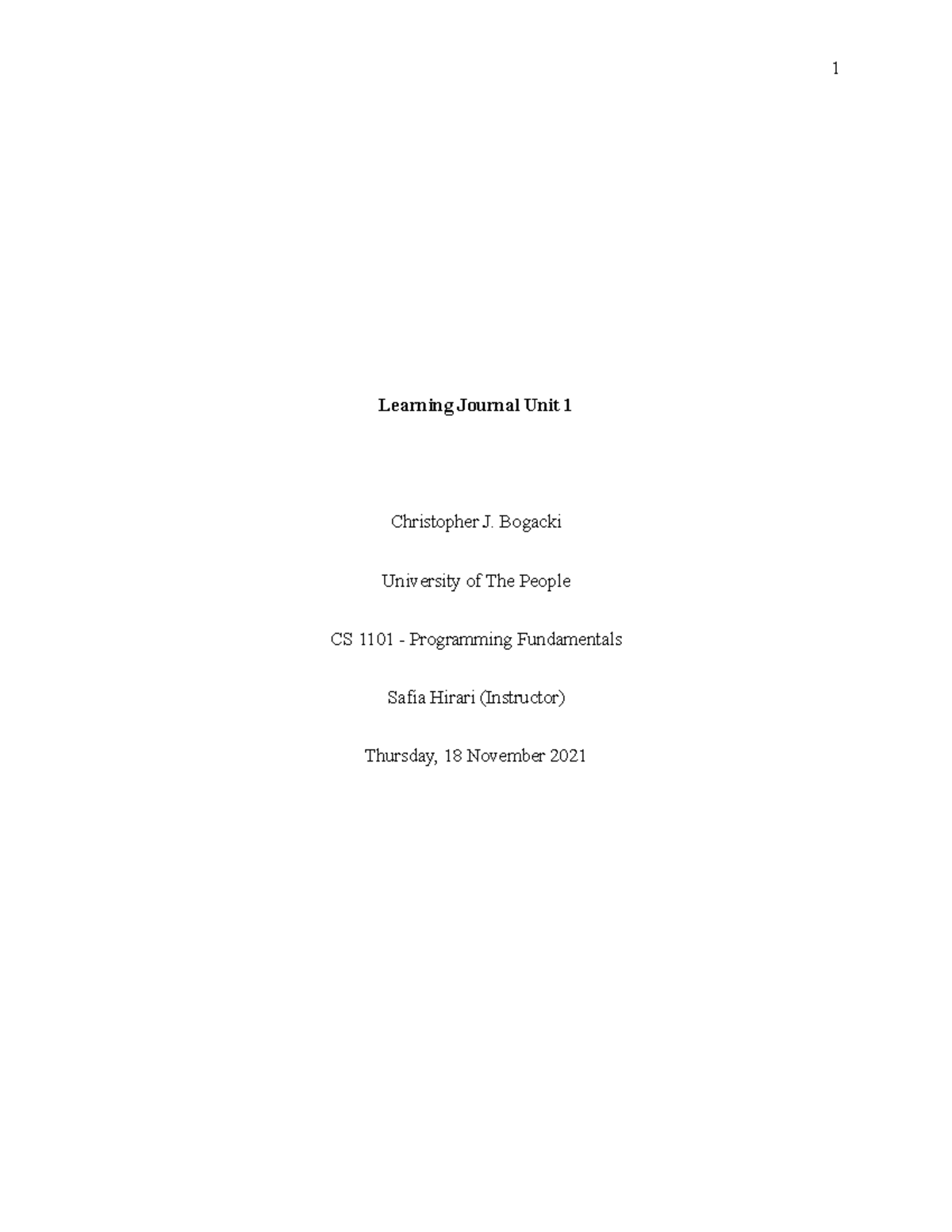 Learning Journal Unit 1 - CS 1101 - UoPeople - Studocu
