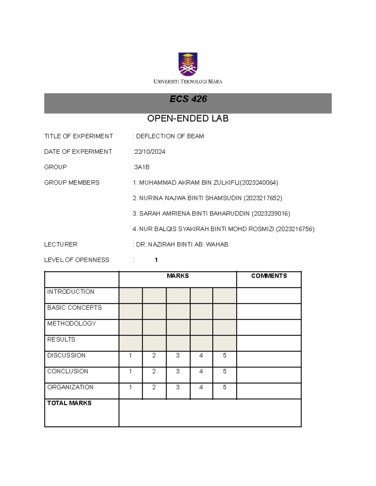 LAB 4 Deflection OF BEAM - ECS 426 OPEN-ENDED LAB TITLE OF EXPERIMENT ...