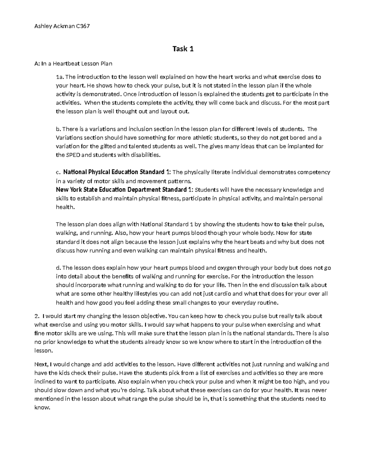 Task 1 PE lesson plan - Task 1 needs revision on A2a, B7, B8. - Task 1 ...