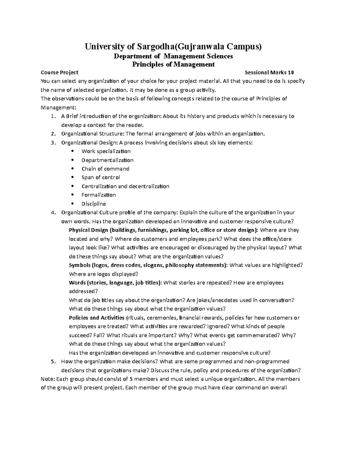 Principles of Management Project - University of Sargodha(Gujranwala ...