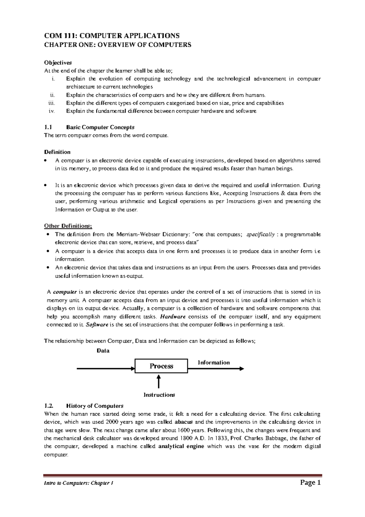 Chapter 1 - introduction - COM 111: COMPUTER APPLICATIONS CHAPTER ONE: OVERVIEW OF COMPUTERS ...