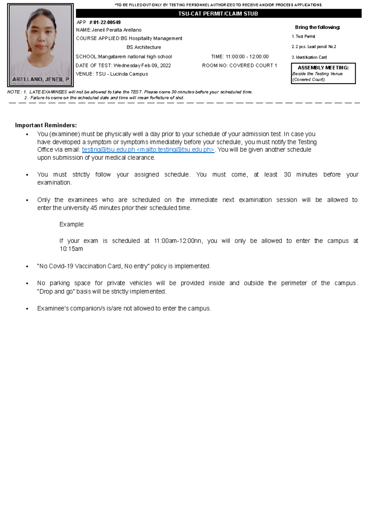 Permit Claim Stub - Gkkng - Bring the following: SCHOOL:Mangatarem ...