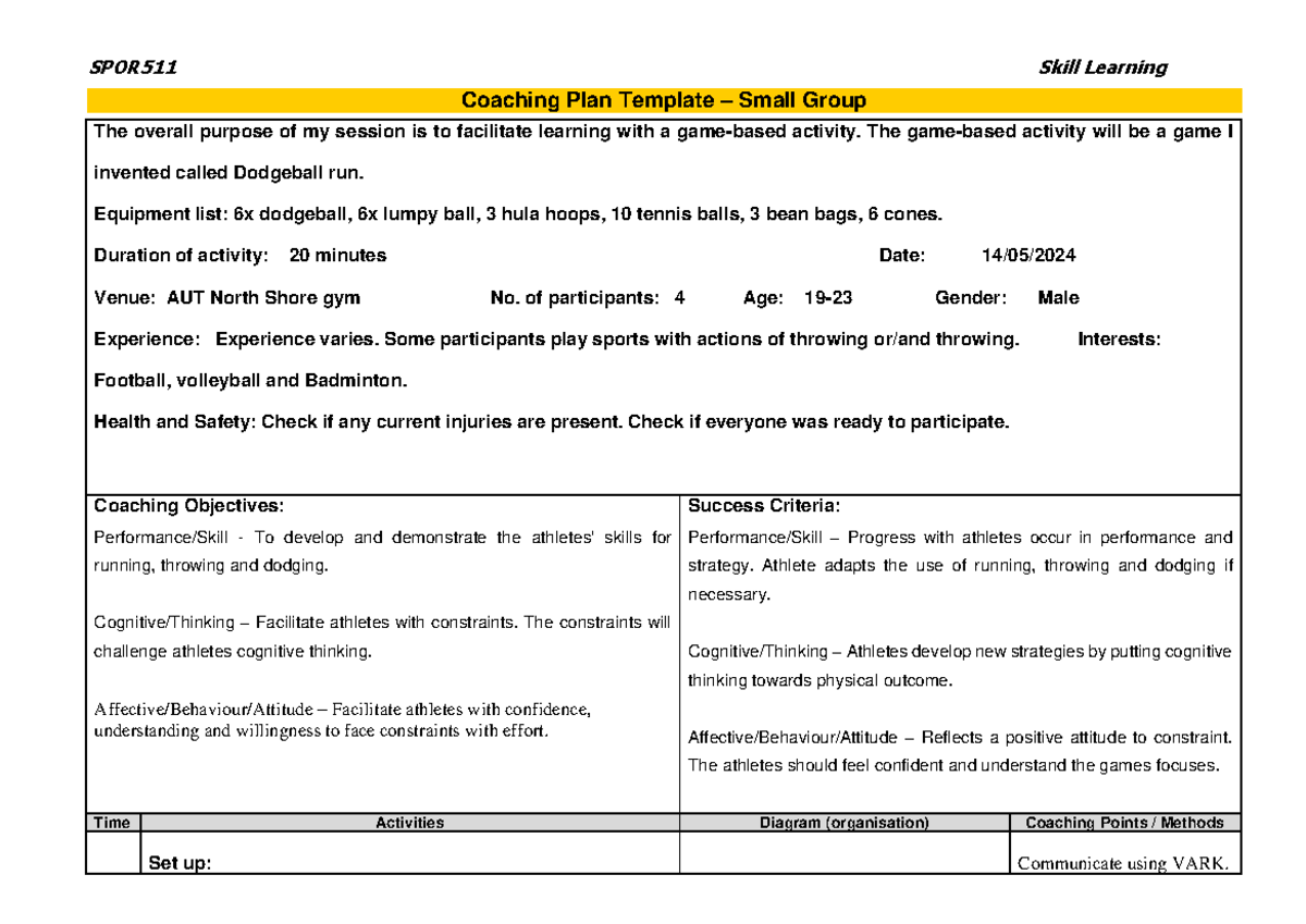 SPOR511 Coaching Plan Template - Small Group-1 - SPOR511 Skill Learning ...