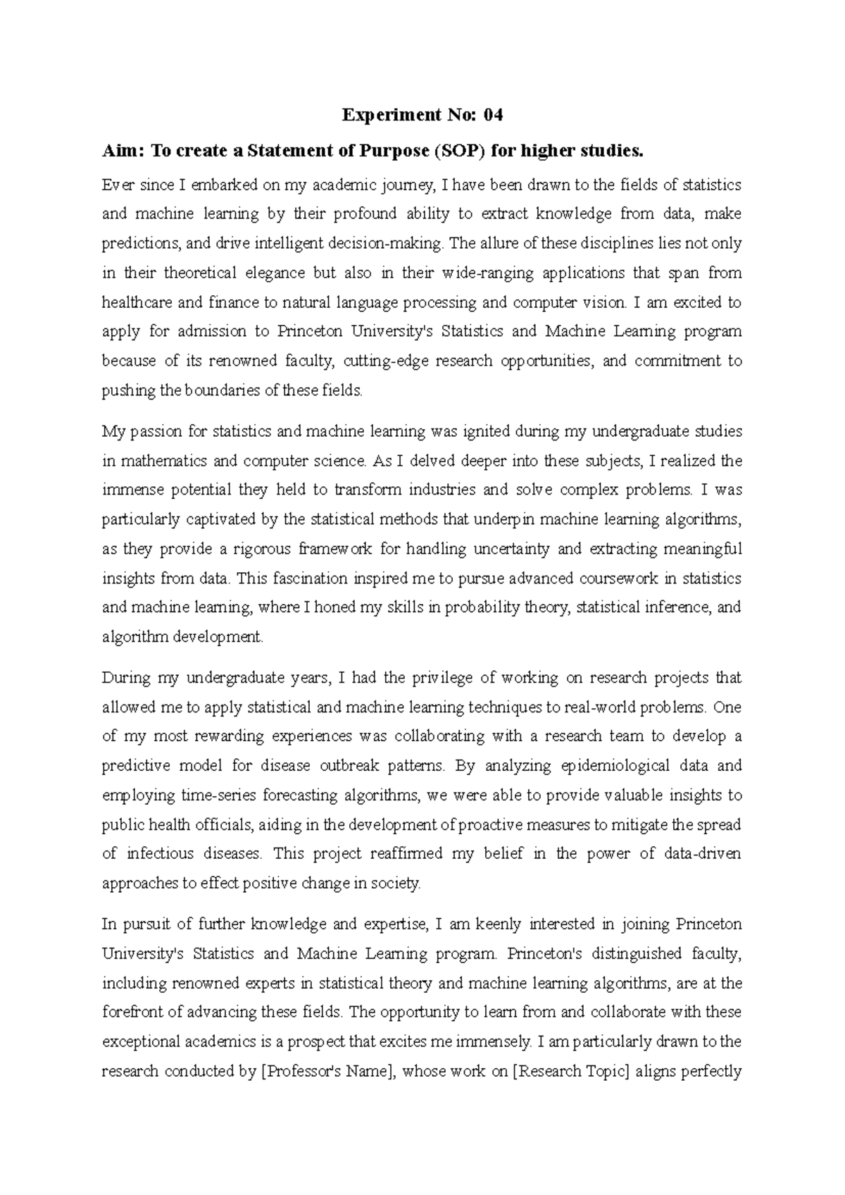 Standard operating system - Experiment No: 04 Aim: To create a Statement of Purpose (SOP) for ...