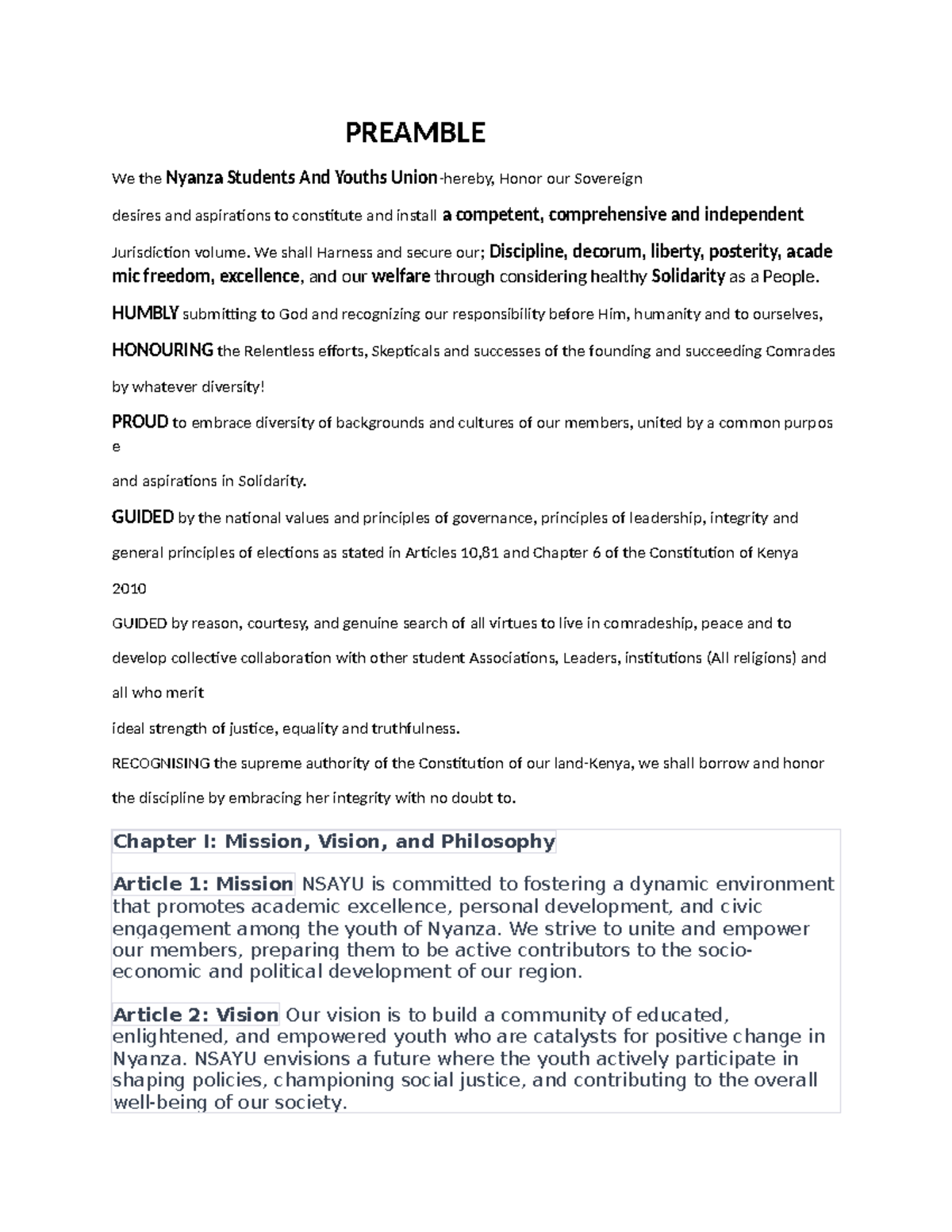 THE Nyanza Students AND Youths Union Draft Constitution - PREAMBLE We ...