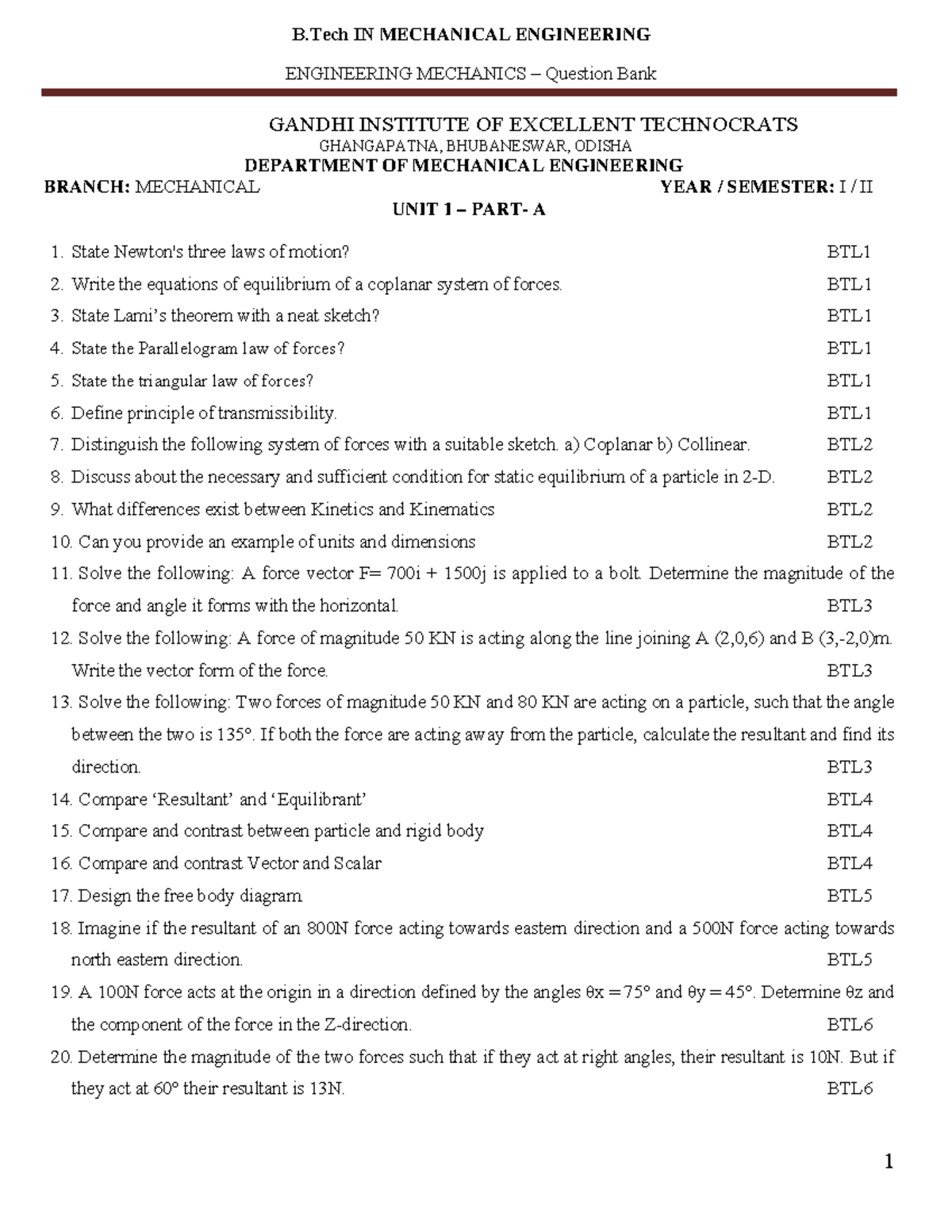 Engineering Mechanics-BTL Question Bank - MECHANICAL State Newton's ...
