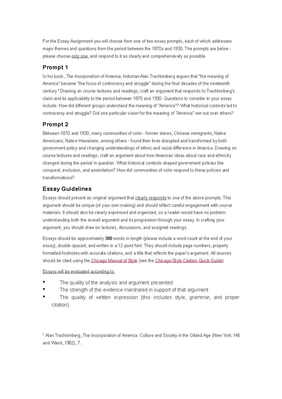 Essay Assignments 1870-1930 - For the Essay Assignment you will choose ...