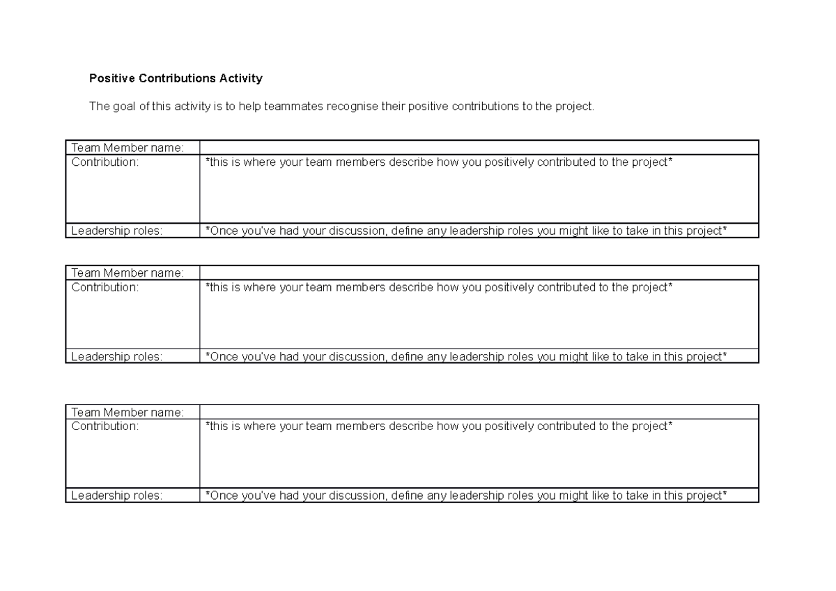 Positive Contributions Activity - Team Member name: Contribution: this ...