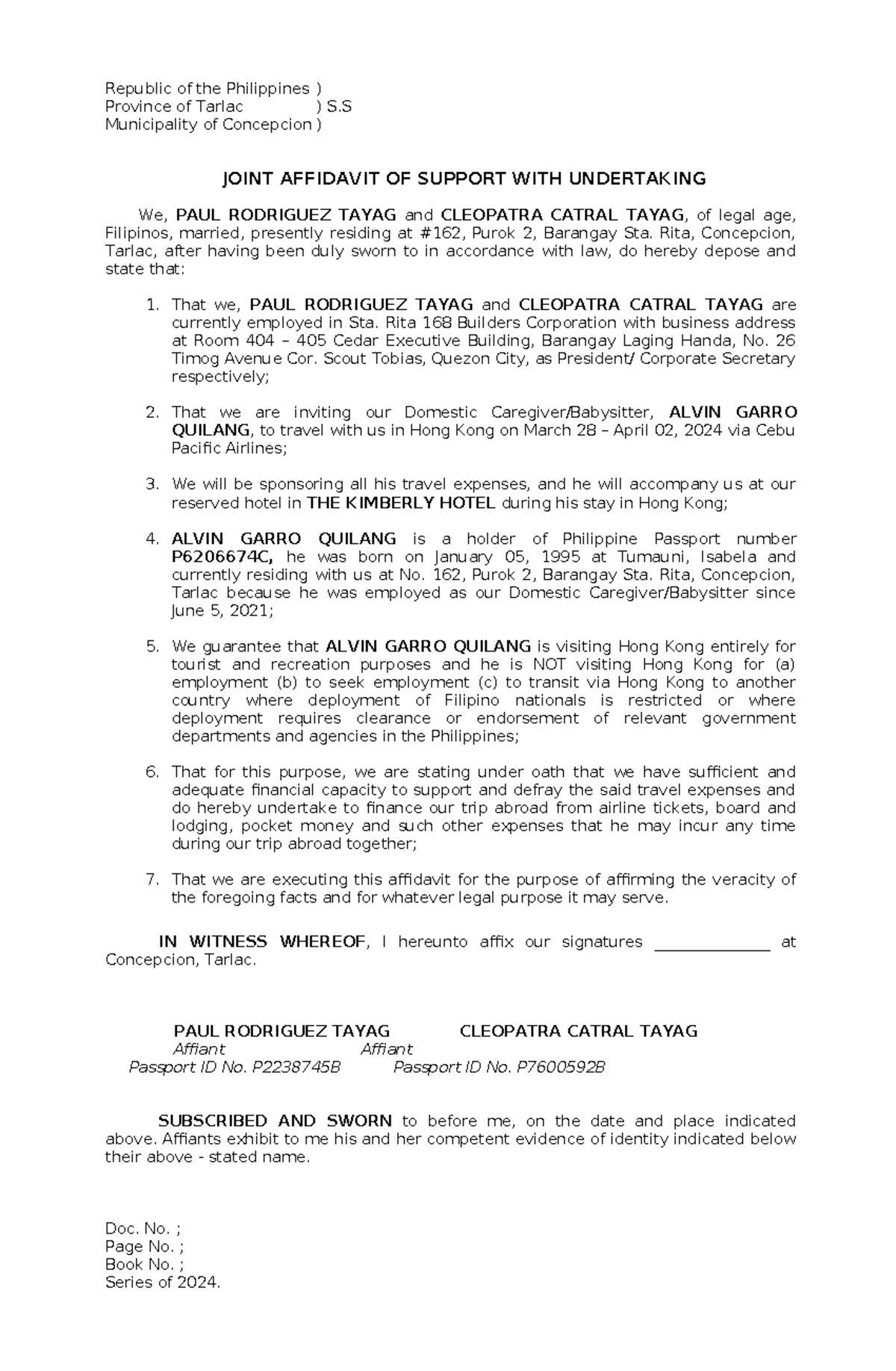 Joint Affidavit Of Support With Undertaking 2 - Republic of the ...