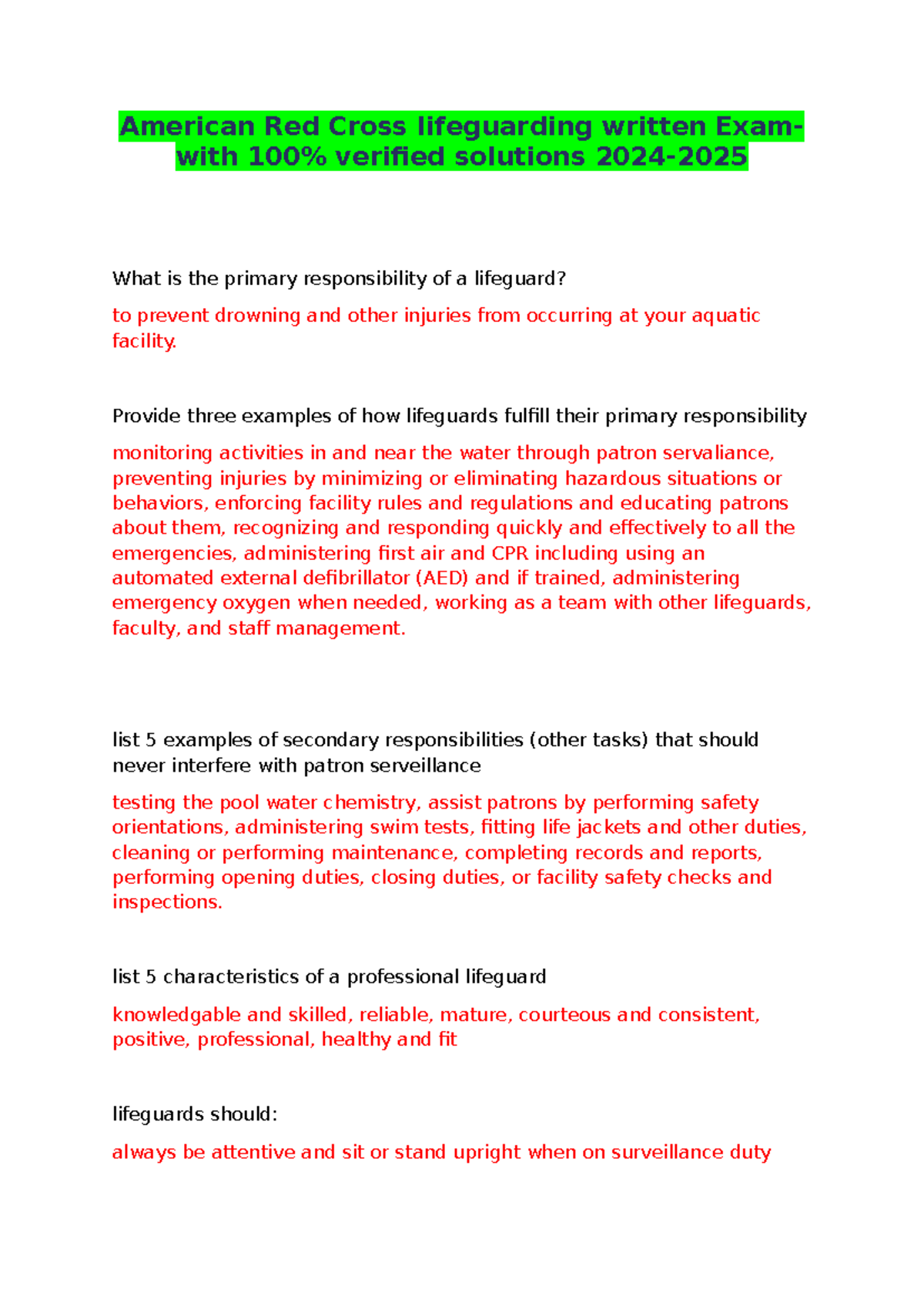 American Red Cross lifeguarding written Exam-with 100% verified ...