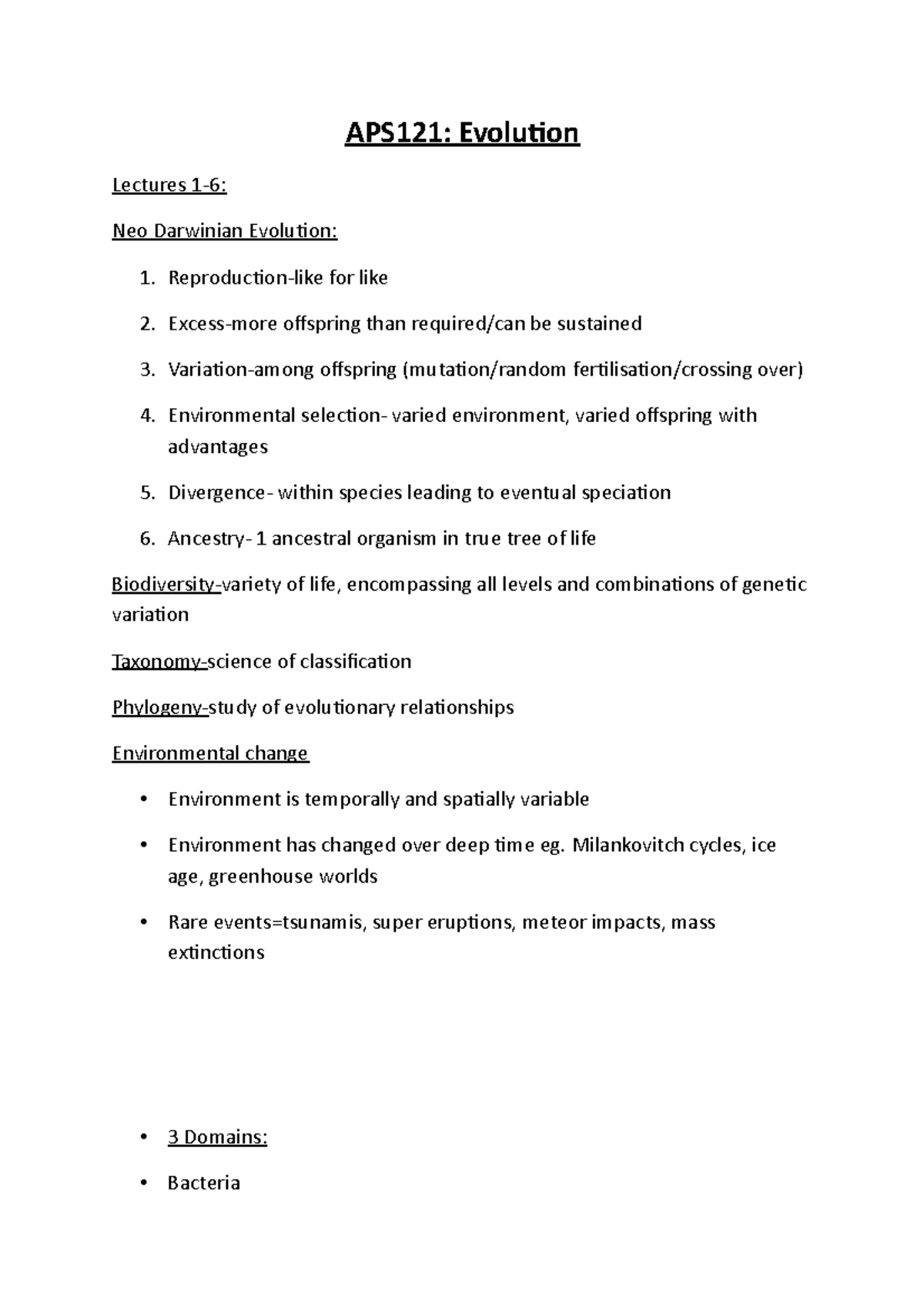 Evolution - Lecture notes - APS121 - APS121: Evolution Lectures Neo ...