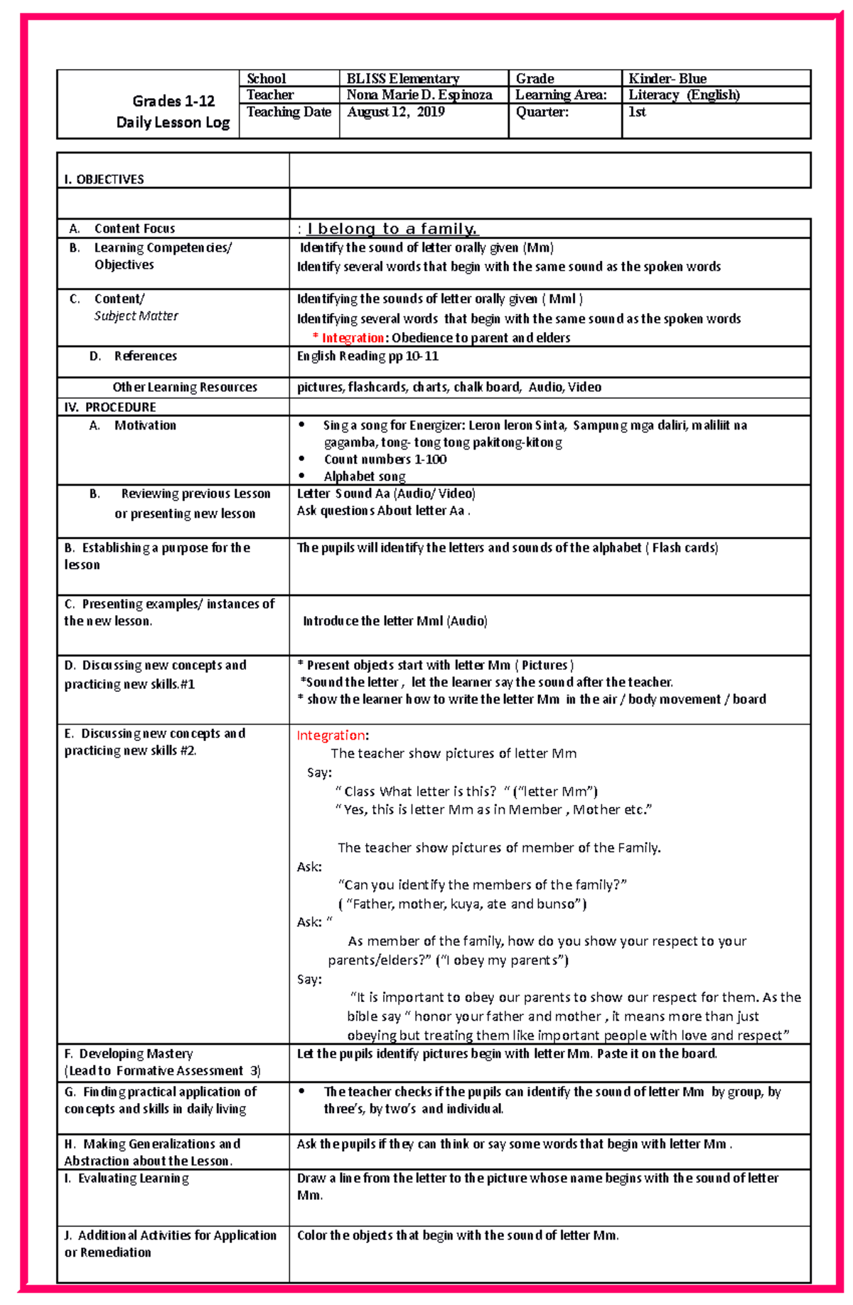 DEMO PLAN- Letter M - 1ST - Grades 1- Daily Lesson Log School BLISS ...