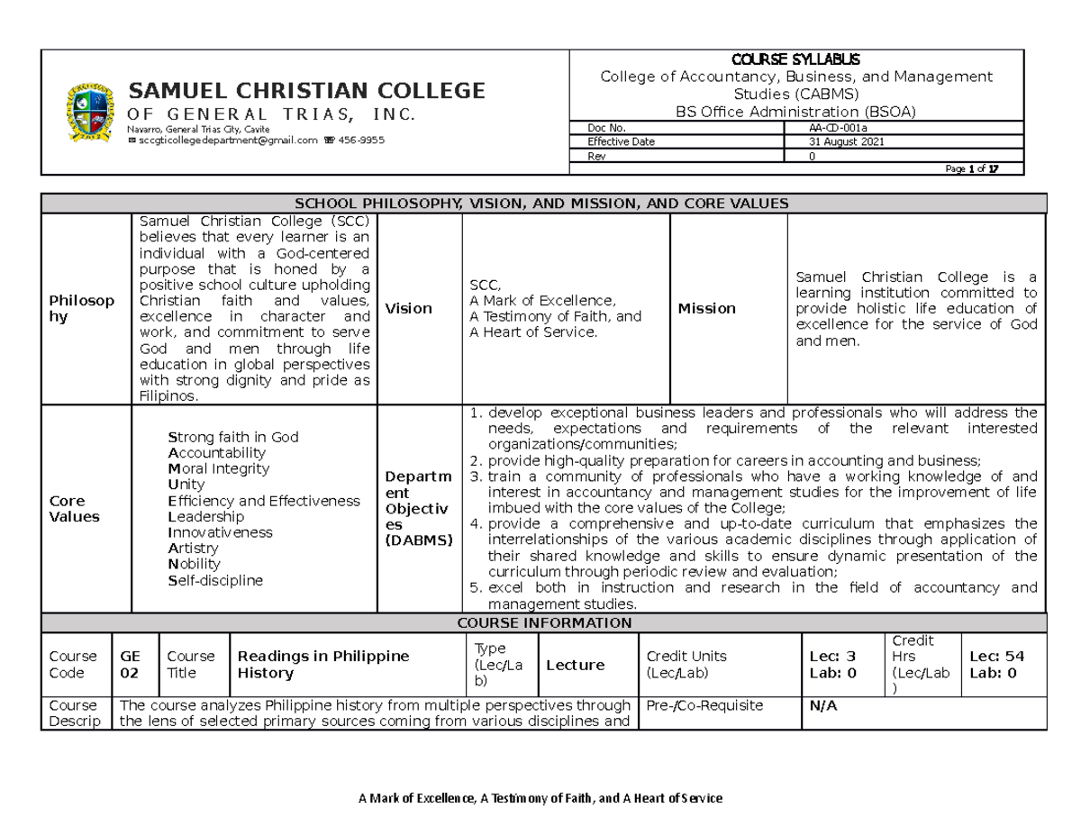 Syllabus BSOA GE02 - The course analyzes Philippine history from ...