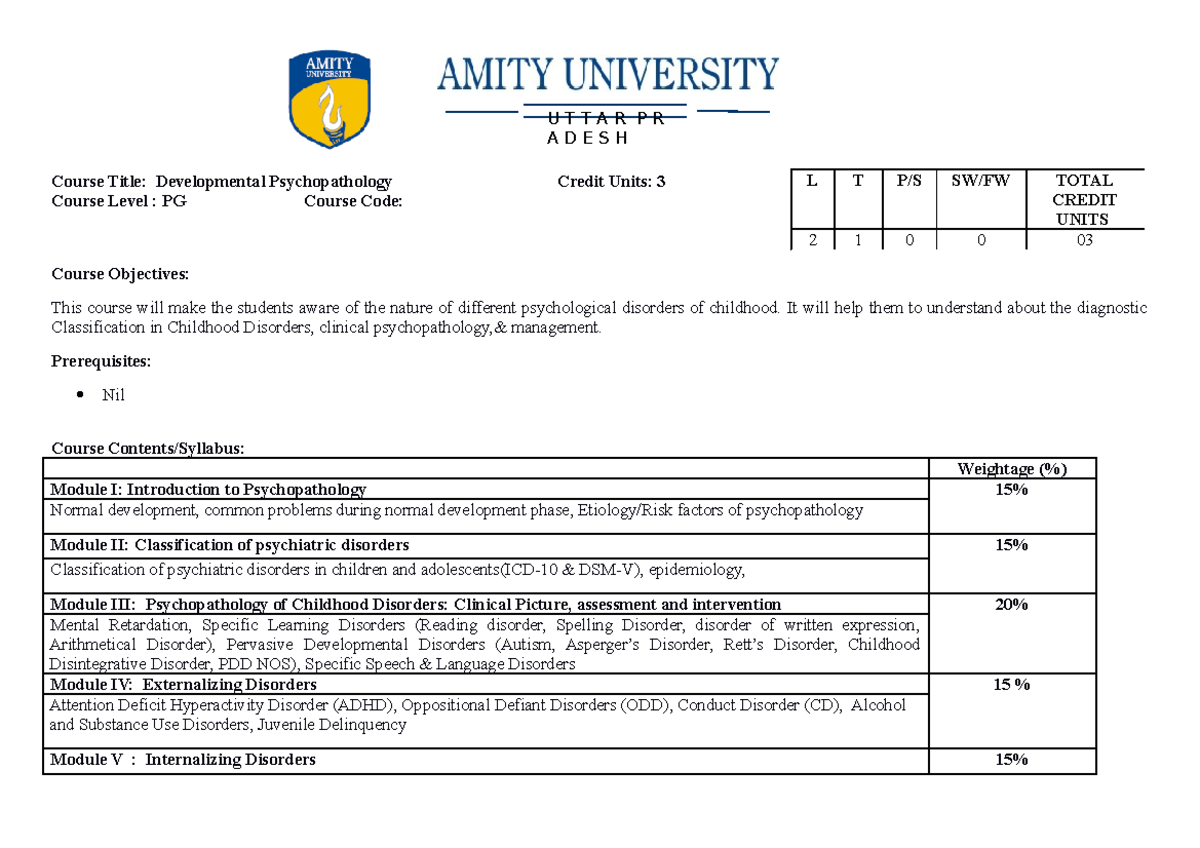 Developmental Psychopathology syllabus - Course Title: Developmental ...