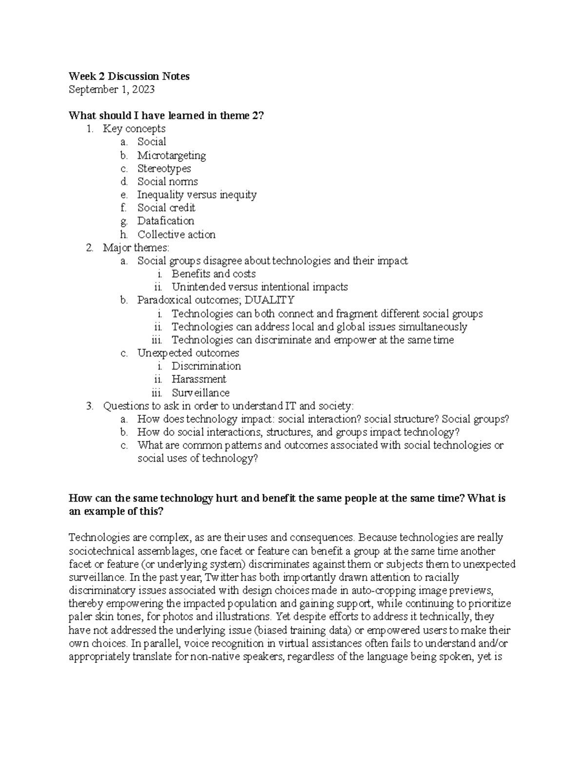 Week 2 Discussion Notes - Week 2 Discussion Notes September 1, 2023 ...