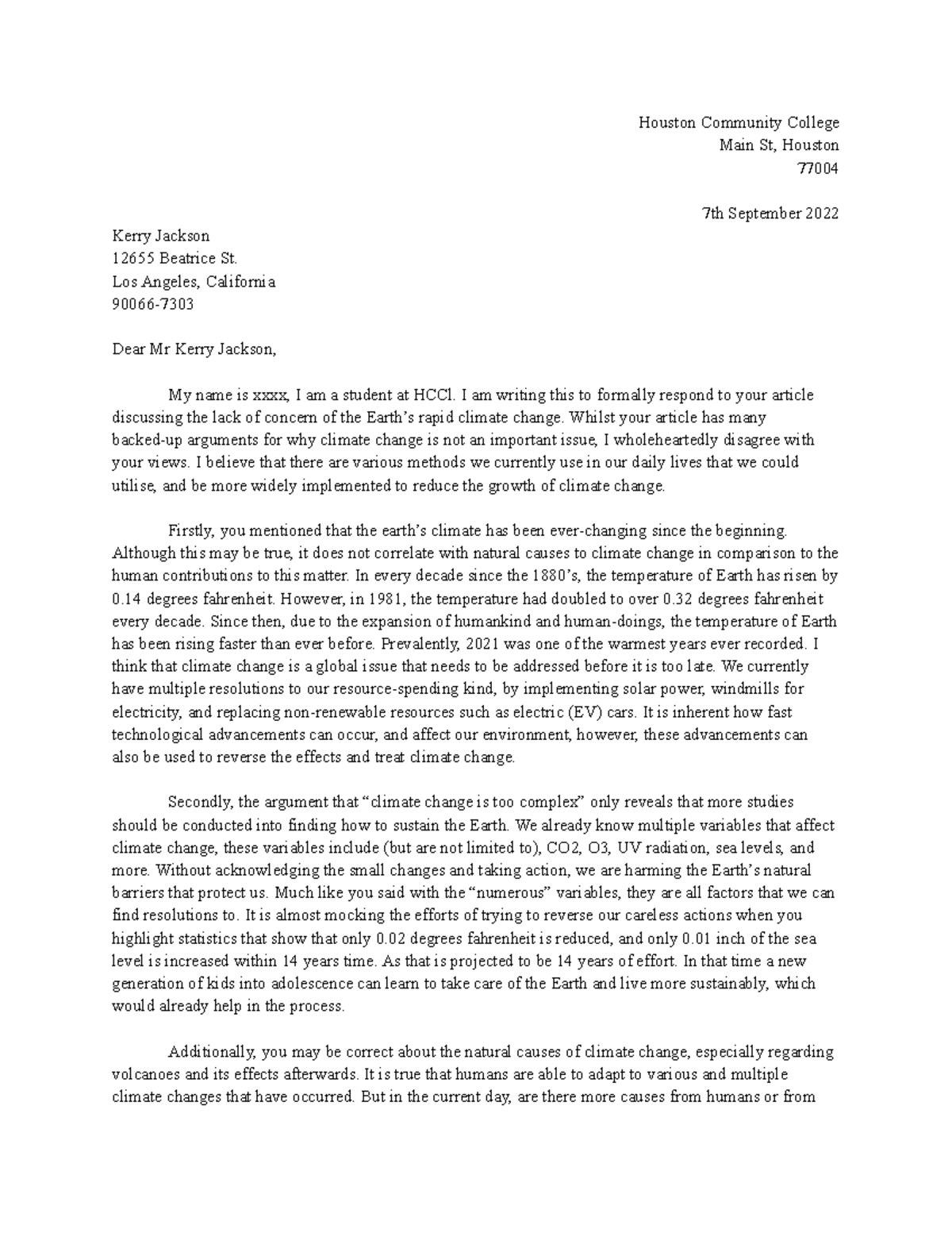 Climate Change Essay Letter - Houston Community College Main St ...