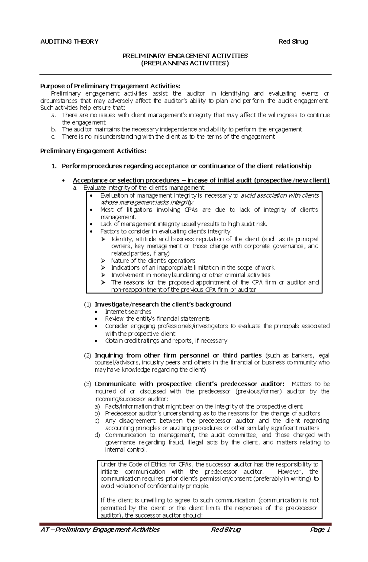 PRE- Planning - audit - AUDITING THEORY Red Sir ug PRELIMINARY ENGA ...