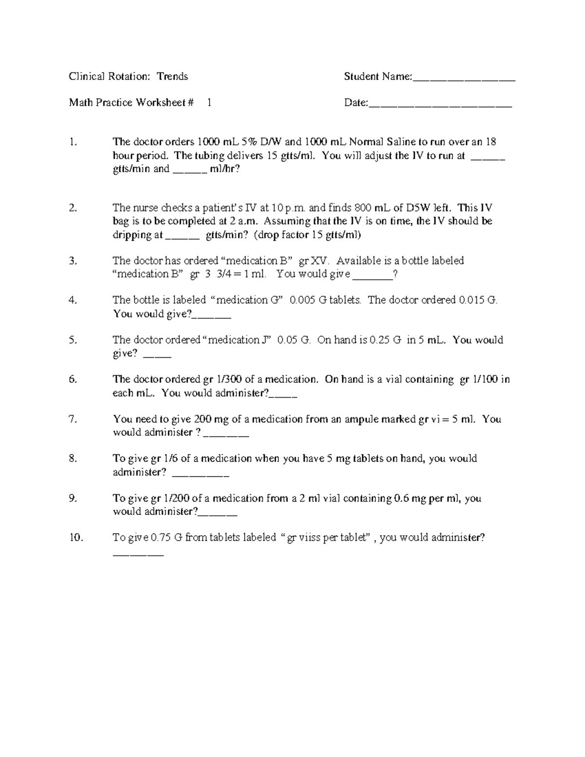 Trends 1 3-09 - Math - Clinical Rotation: Trends Student Name ...