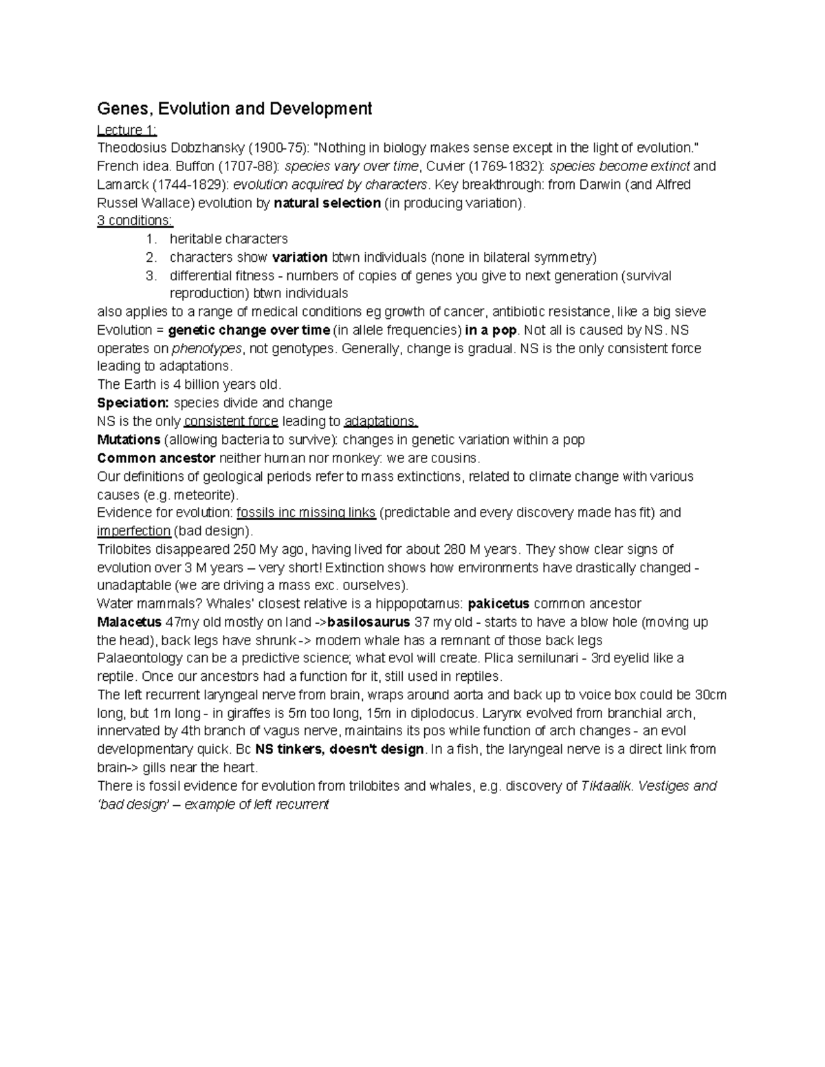 GED BIOL10521 - GED notes UoM - Genes, Evolution and Development ...