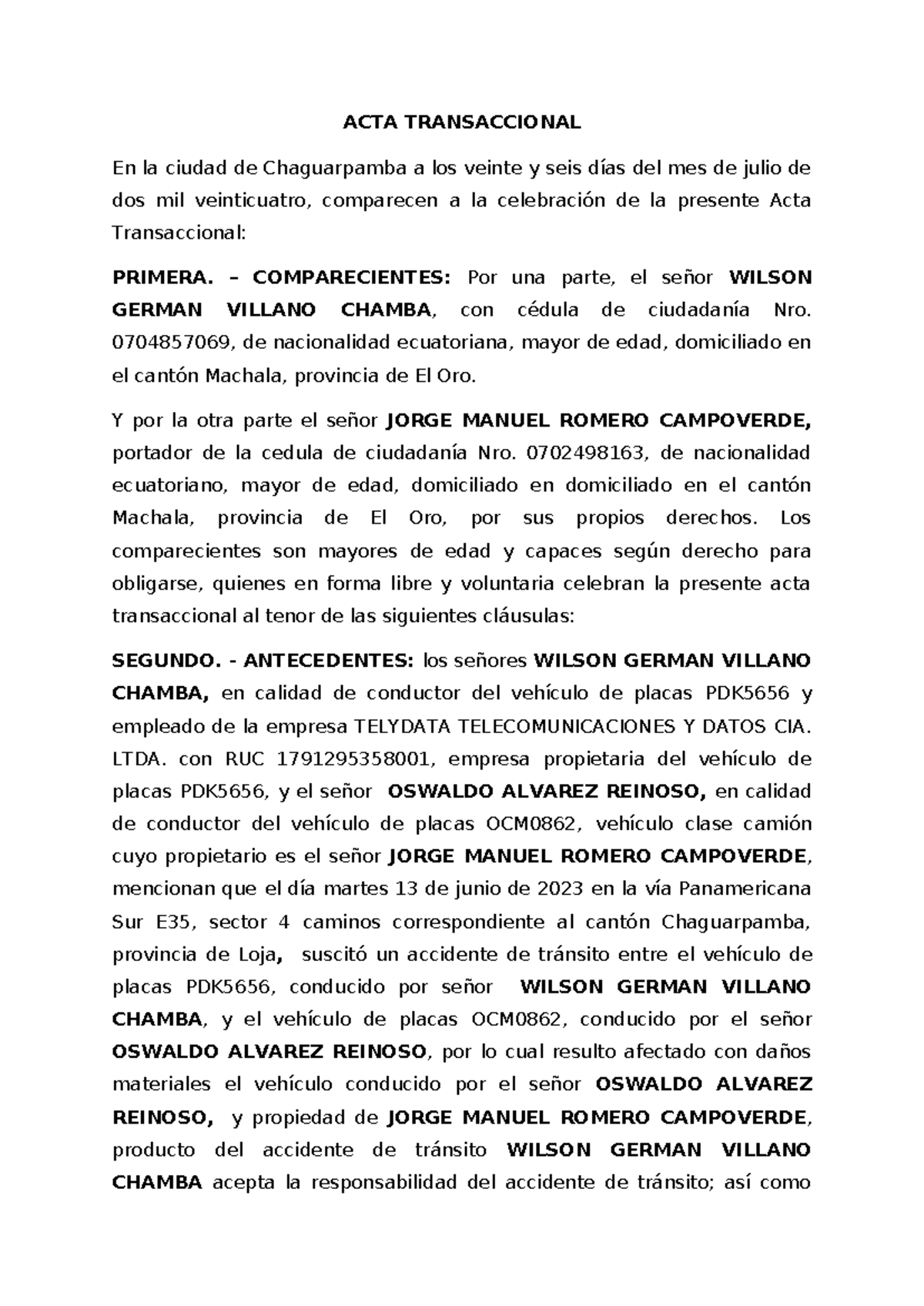 ACTA Transaccional - ACTA TRANSACCIONAL En la ciudad de Chaguarpamba a ...