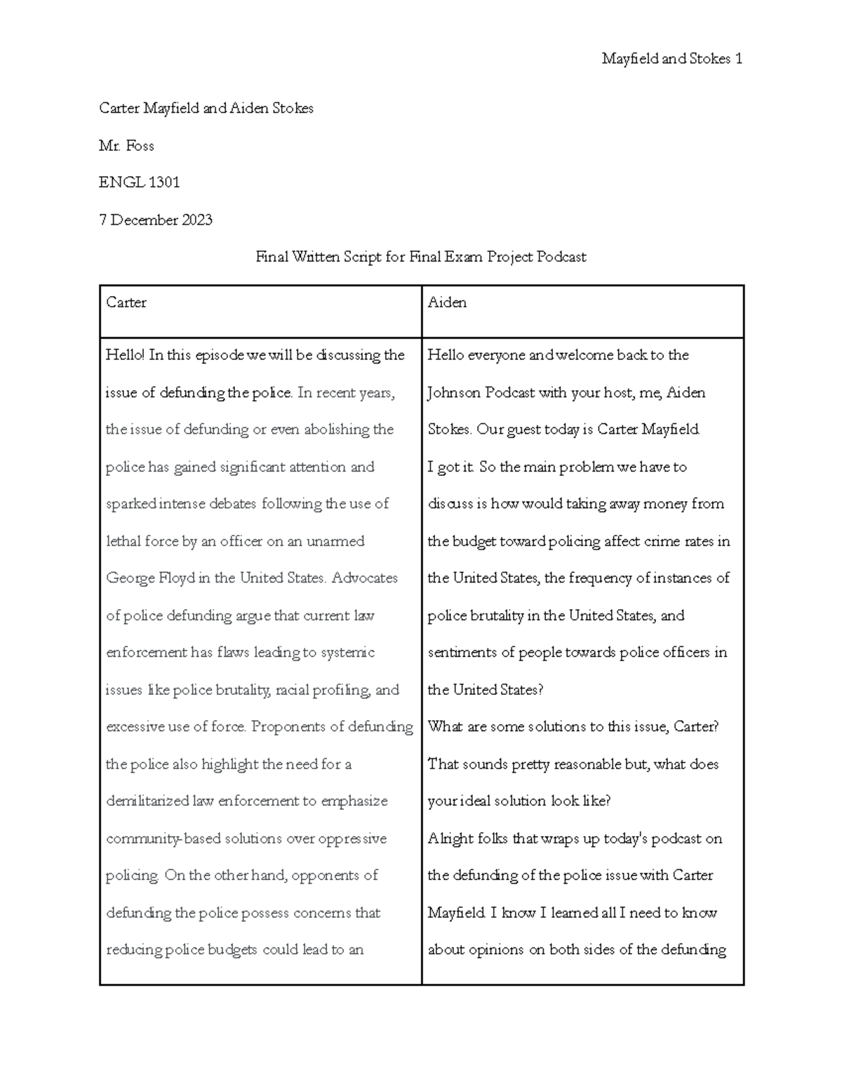 Carter Mayfield & Aiden Stokes - Final Written Script for Final Exam ...