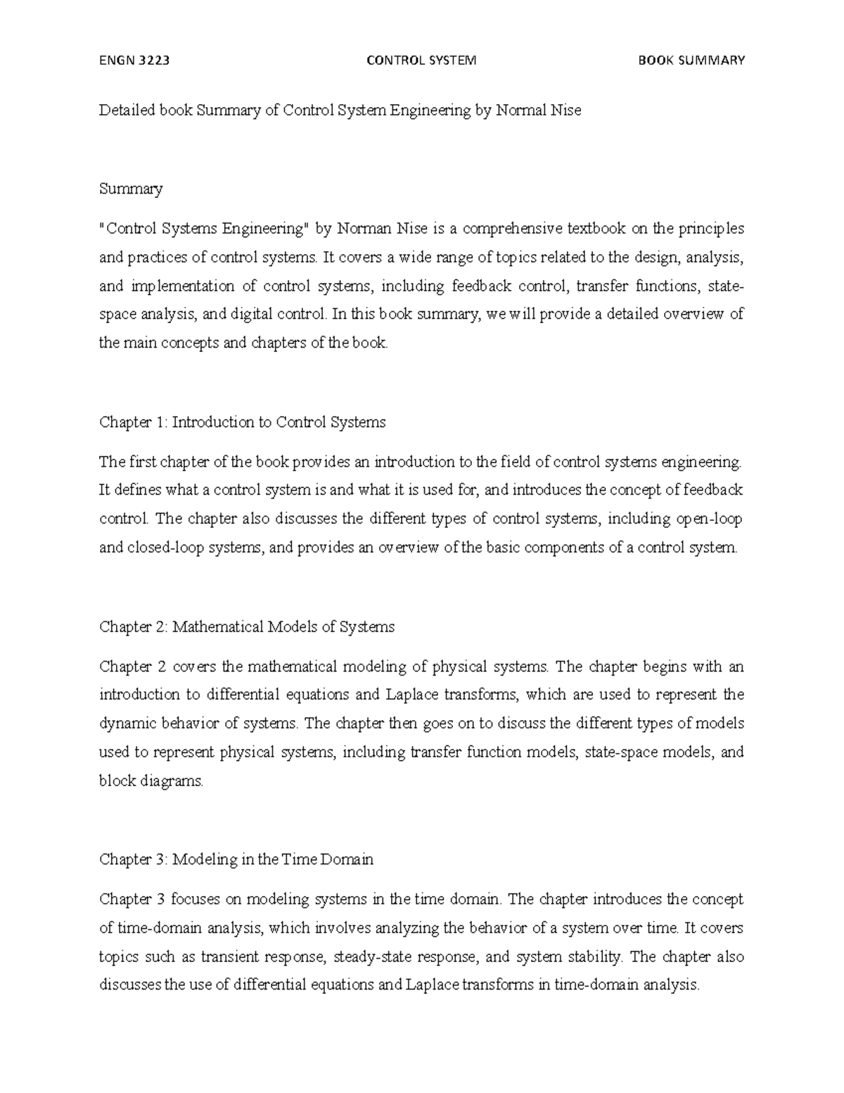 Detailed book Summary of Control System ENgineering by Normal Nise ...