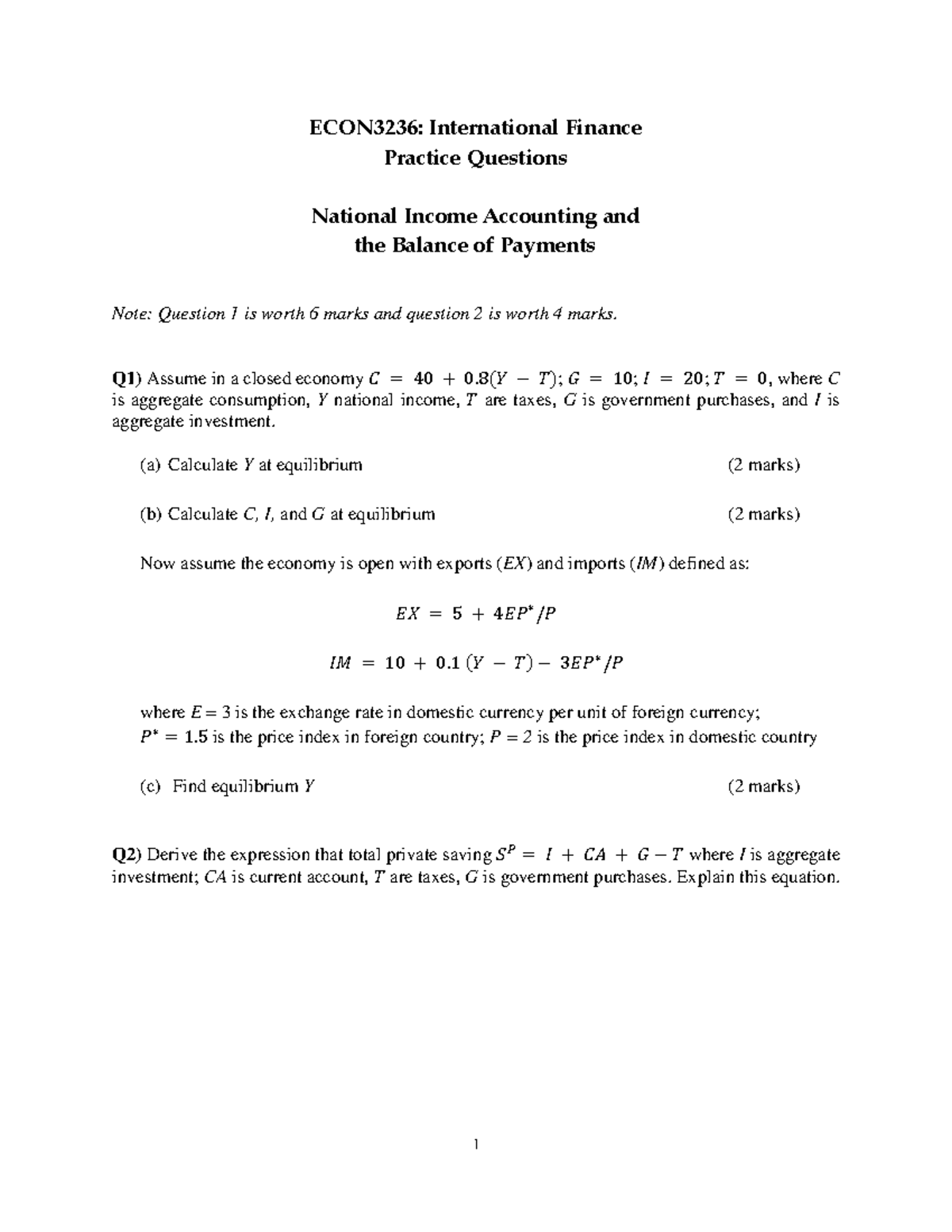 Practice questions 1 - 1 ECON3236: International Finance Practice ...