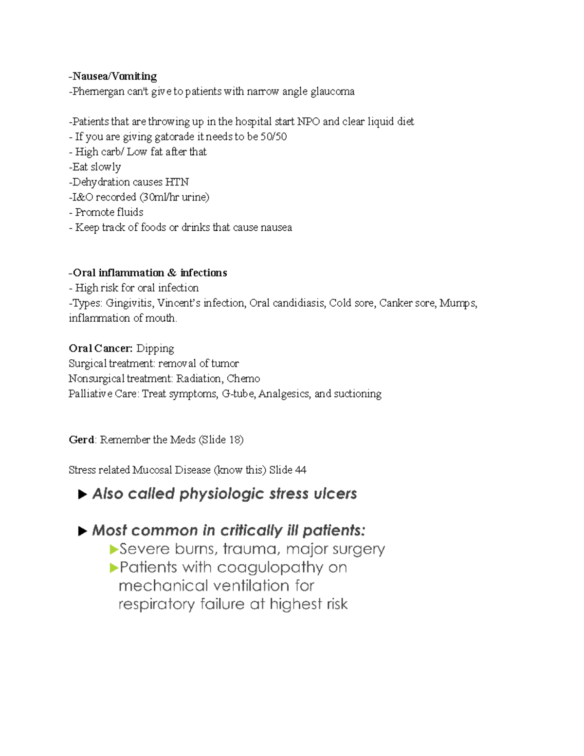 Week 6-7 Notes Adult -Nausea/Vomiting -Phernergan can't give to ...