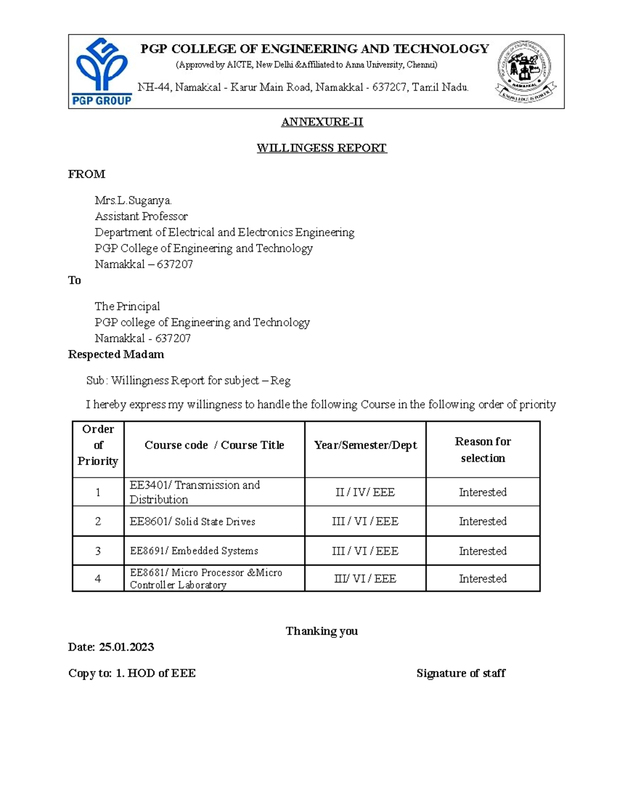 Course file front pages - LS - ANNEXURE-II WILLINGESS REPORT FROM Mrs.L ...
