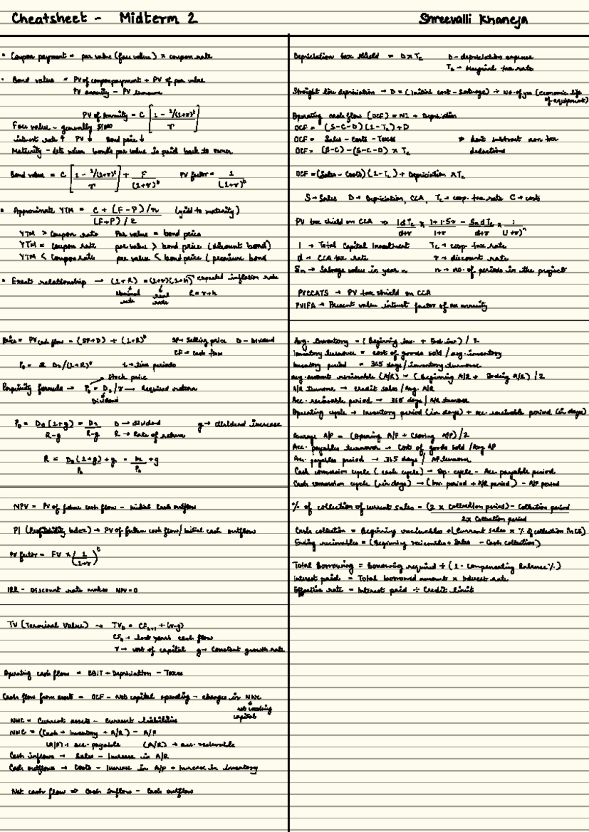 Midterm cheatsheet - Cheatsheet Midterm 2 Shreevalli Khaneja o Coupon payment par value (face ...