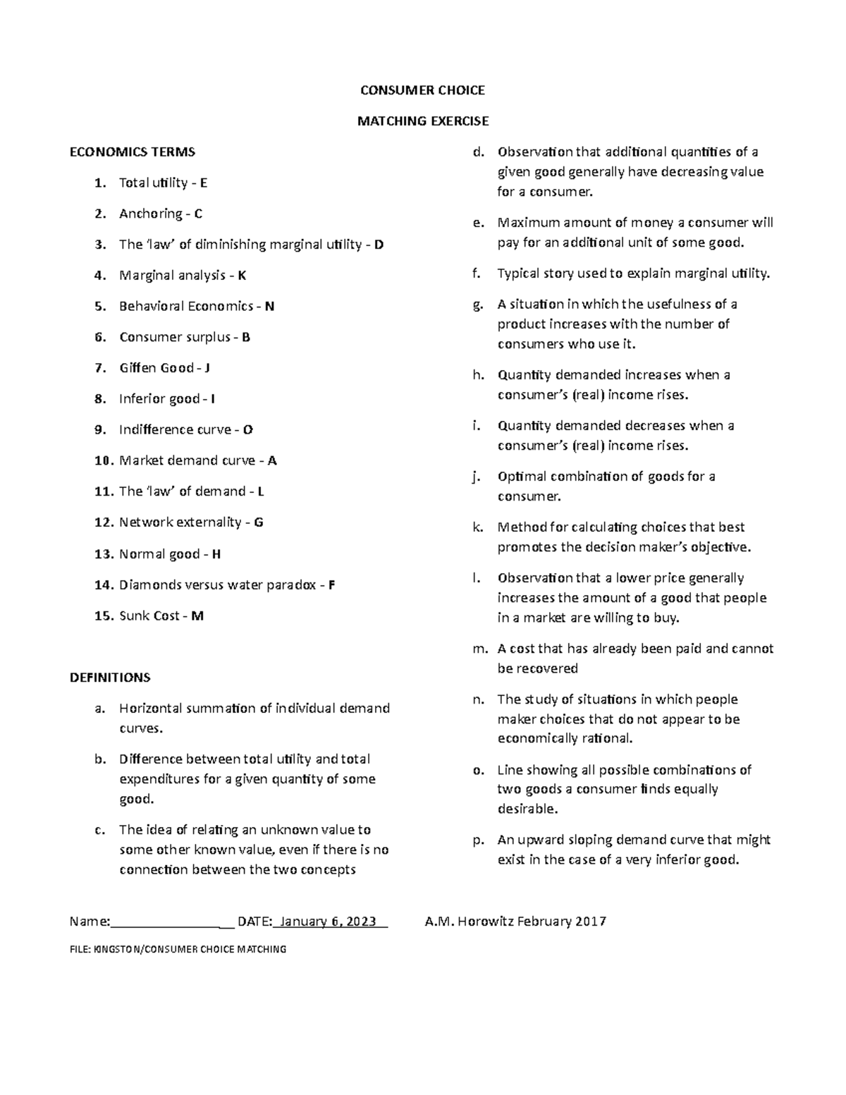 Consumer Choice - Matching UNIT 6 - CONSUMER CHOICE MATCHING EXERCISE ...
