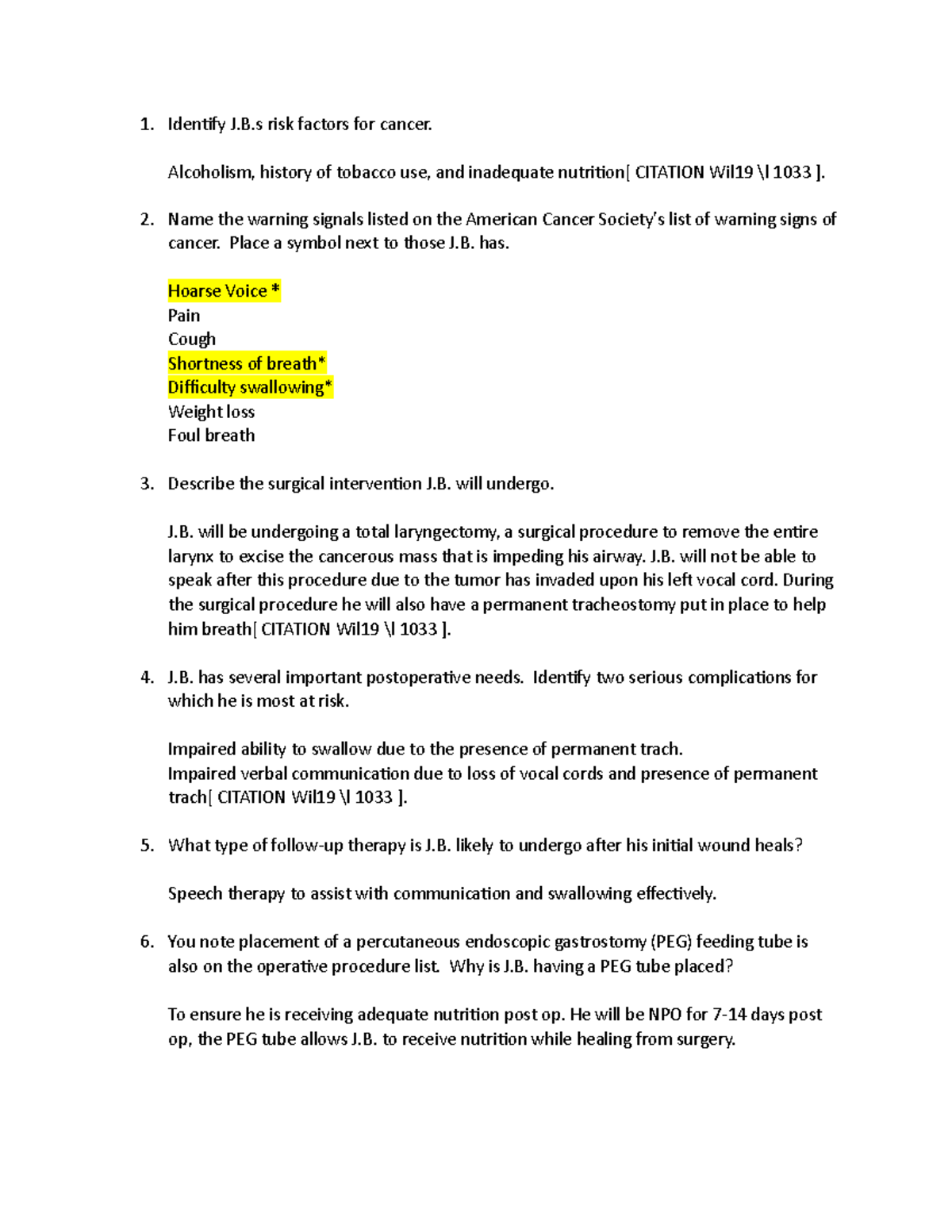 Oncology Case Study - Identify J.B risk factors for cancer. Alcoholism ...