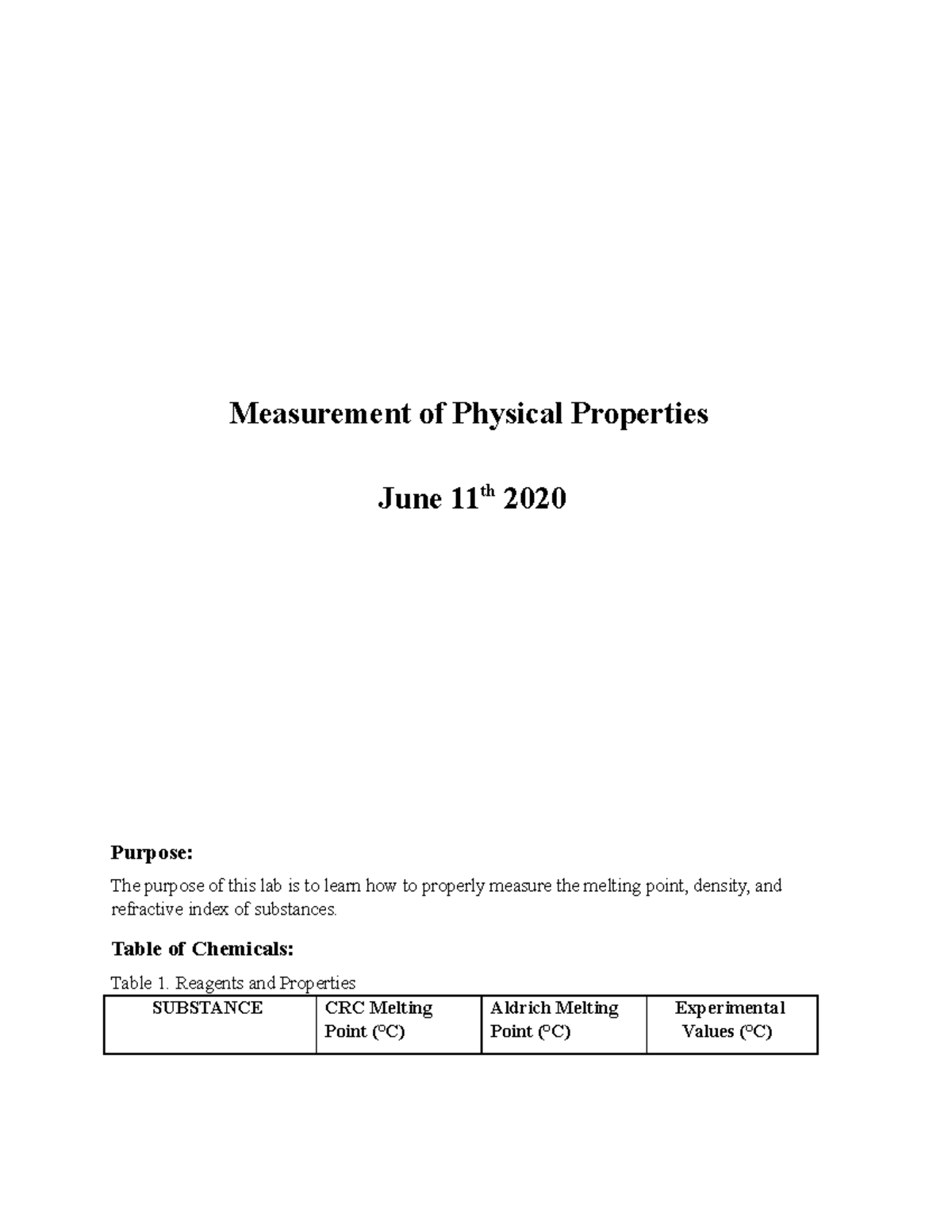 Measurement of Physical Properties Lab Report - Measurement of Physical ...