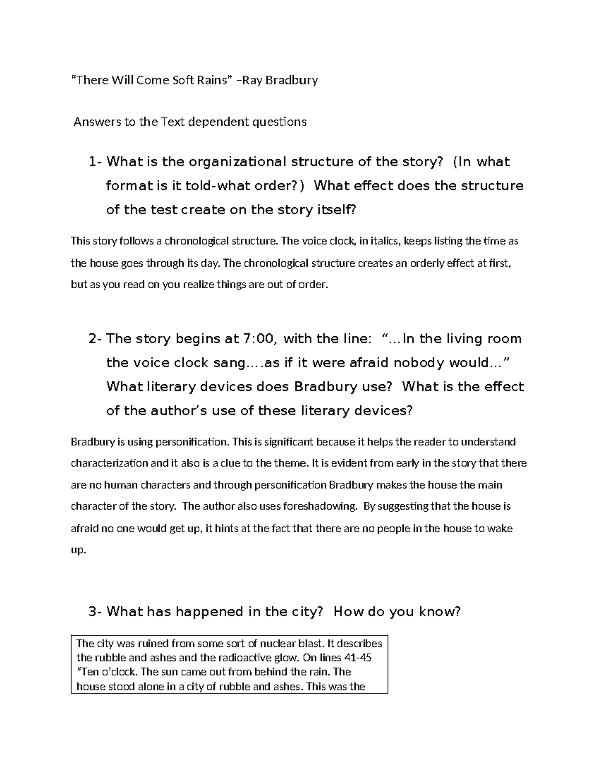 Answers to There Will Come Soft Rains TEXT Dependent QS - “There Will ...