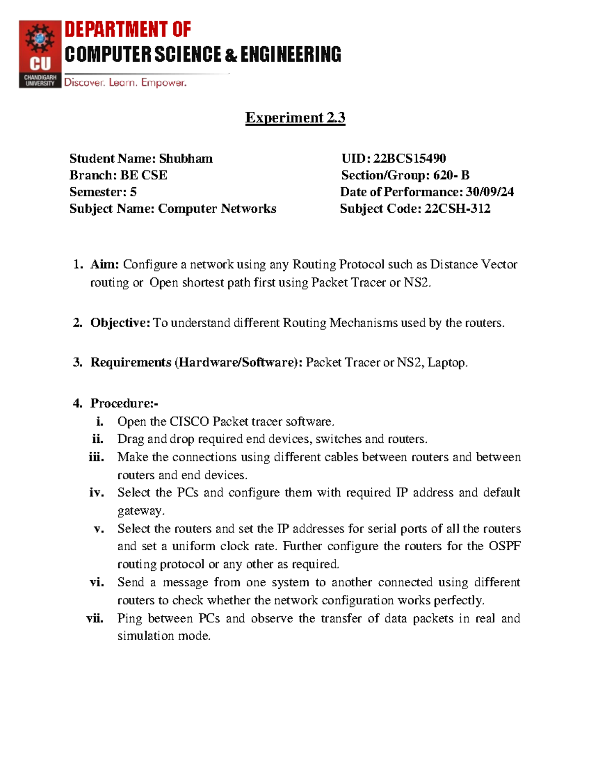 Shub cn 6-4-6 merged - Practical report for Computer Network experiment. - COMPUTER SCIENCE ...